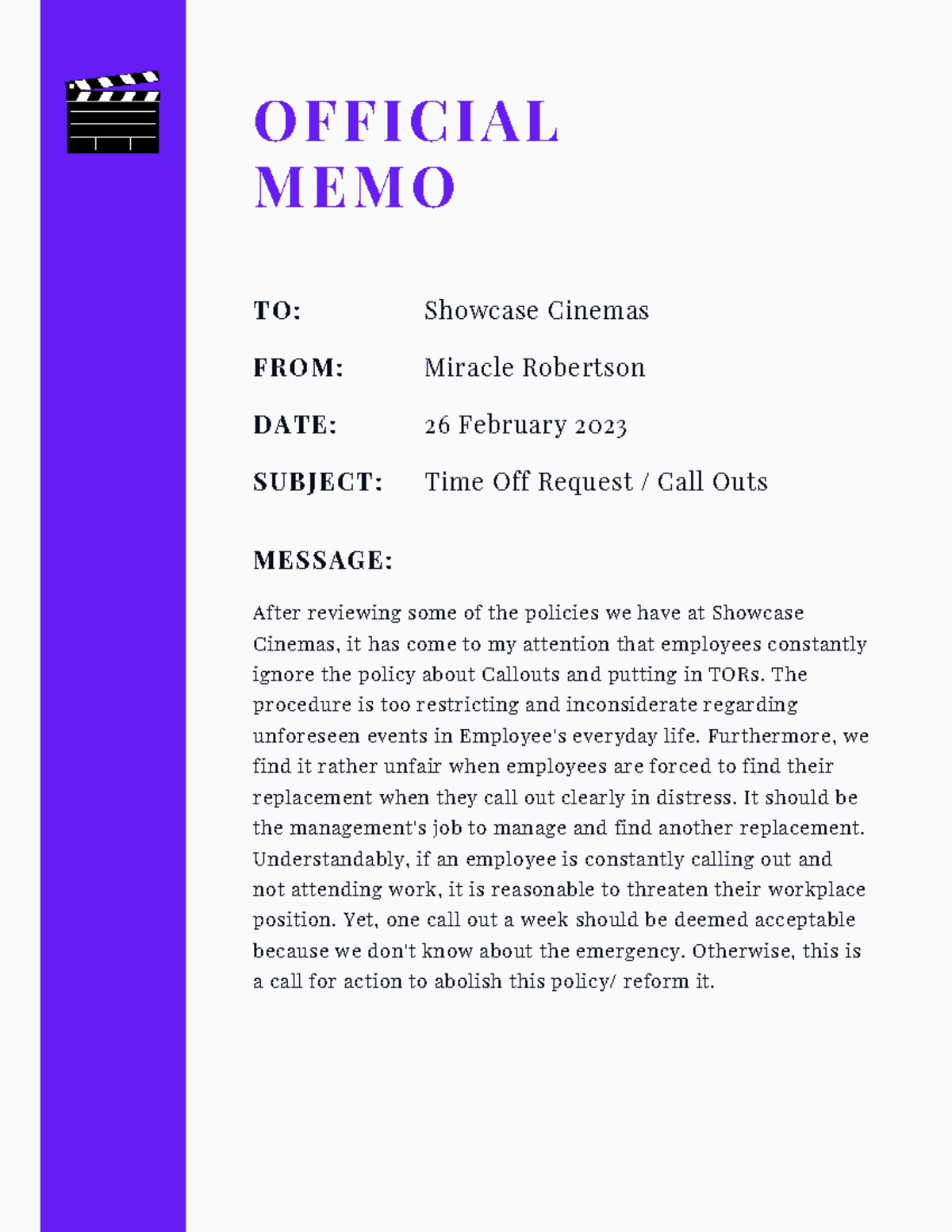 Business Memo Example - DATE: 26 February 2023 OFFICIAL MEMO TO ...