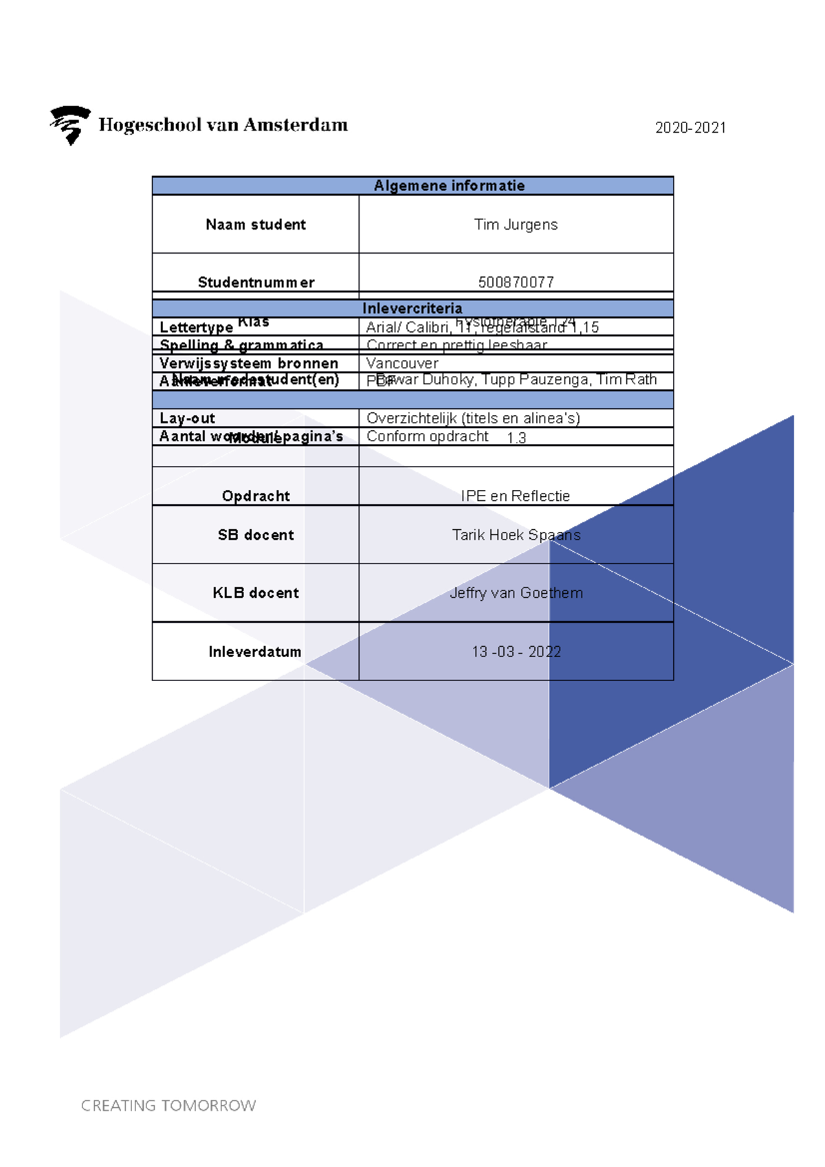 500870077 Jurgens Tim KLAS124 IPE Reflectie - 2020- Algemene informatie ...
