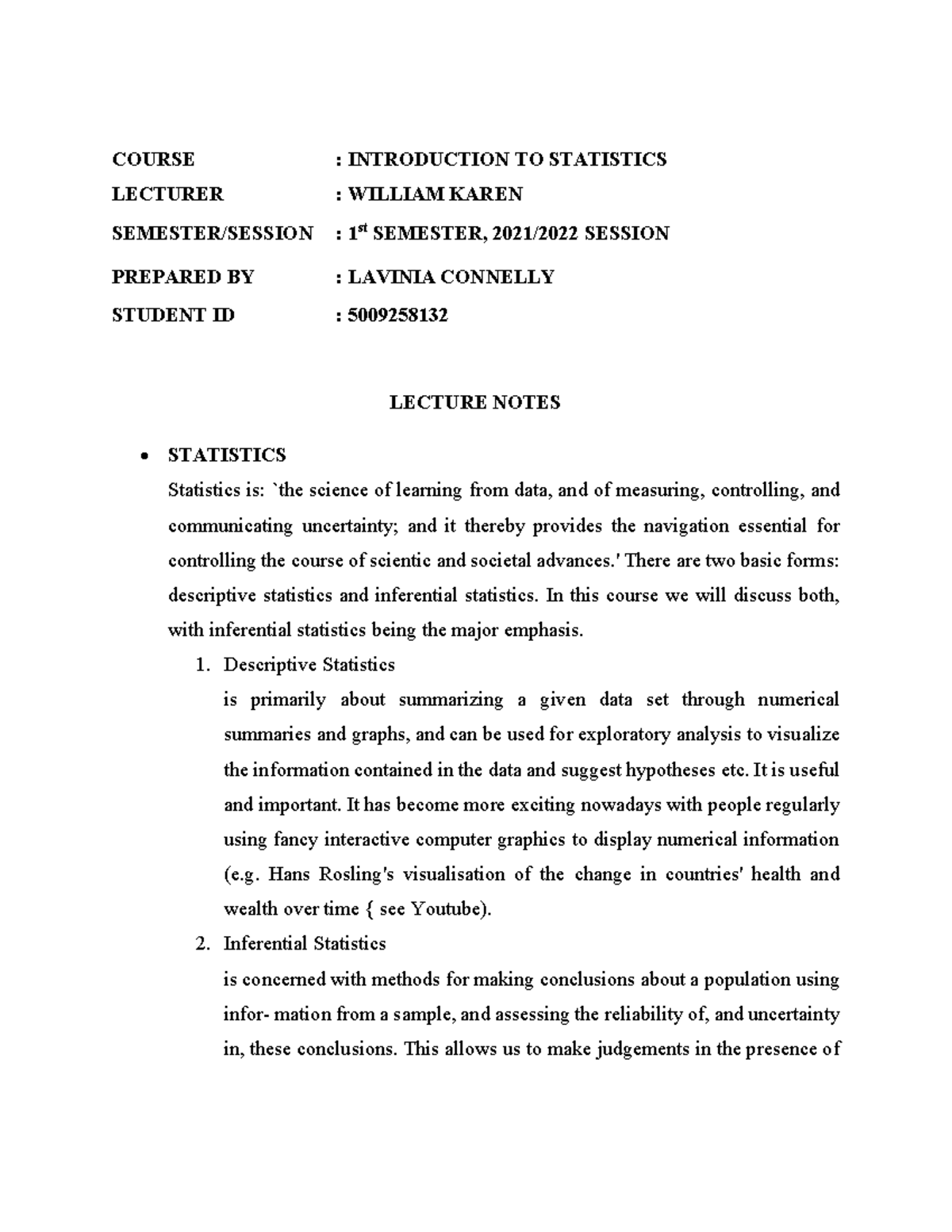Introduction To Statistics Lecture Notes Course Introduction To Statistics Lecturer