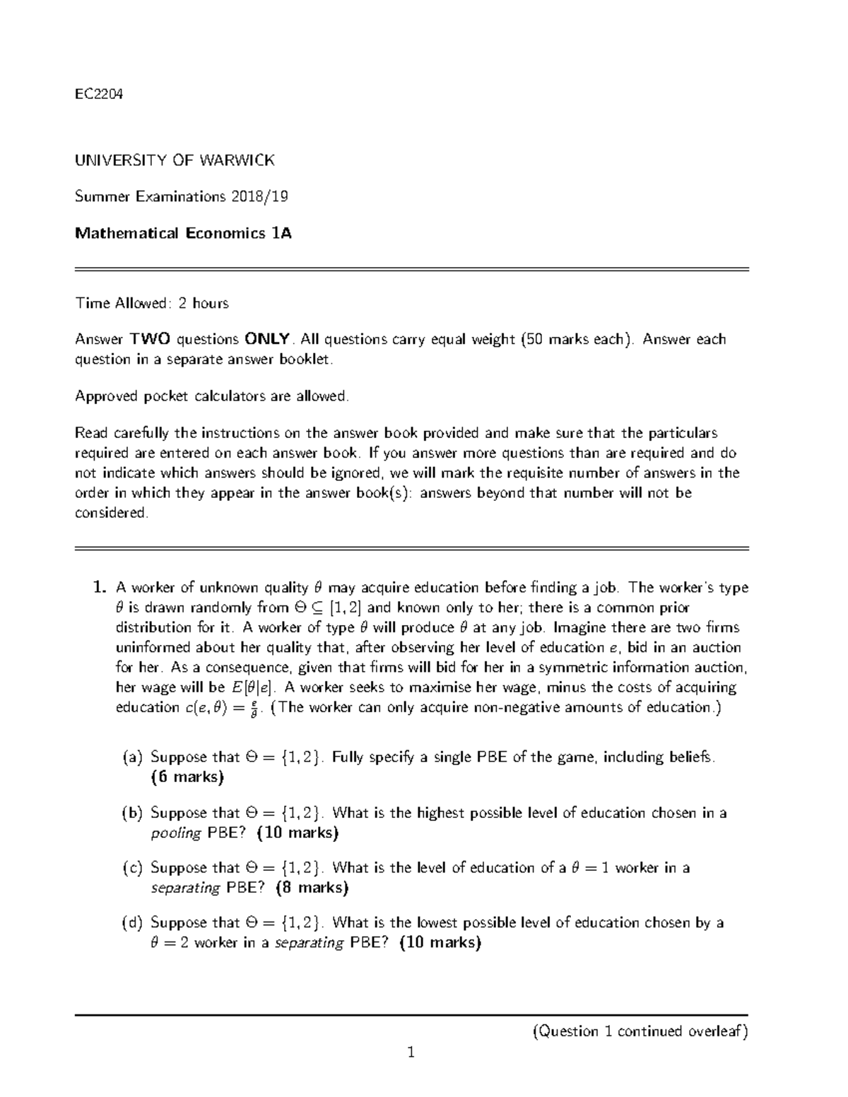 EC220 Mathematical Economics 1A: Practice Paper - EC UNIVERSITY OF ...