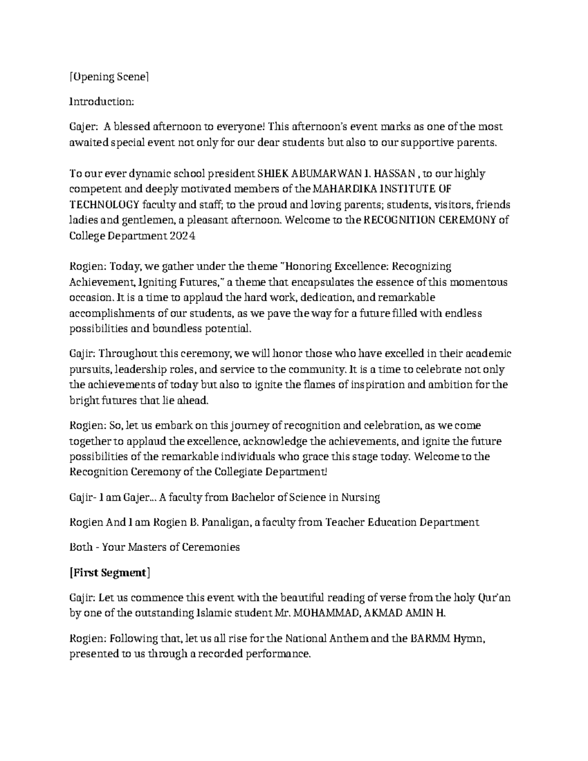 Emcee script sample - [Opening Scene] Introduction: Gajer: A blessed ...