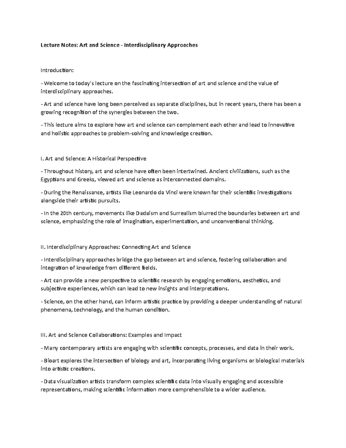 Lecture Notes: Art and Science - Interdisciplinary Approaches - Lecture ...