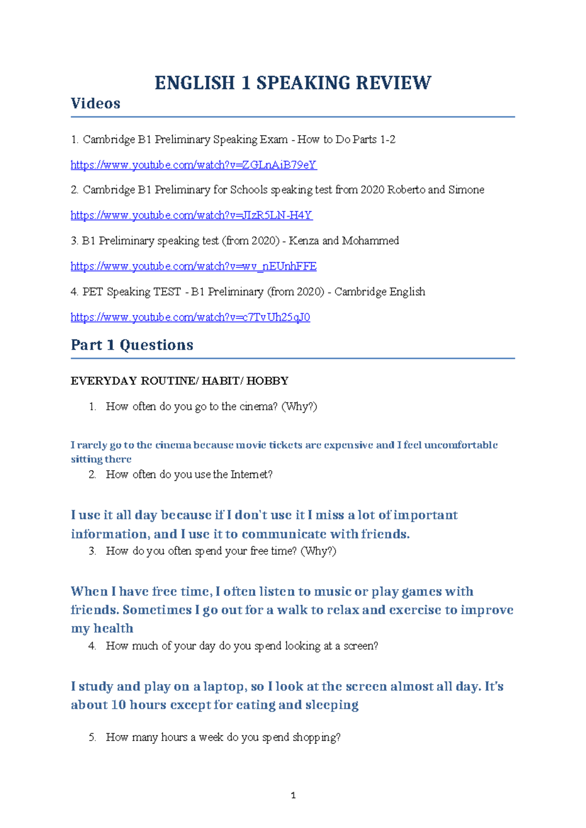 6 - lesson - ENGLISH 1 SPEAKING REVIEW Videos 1. Cambridge B1 ...