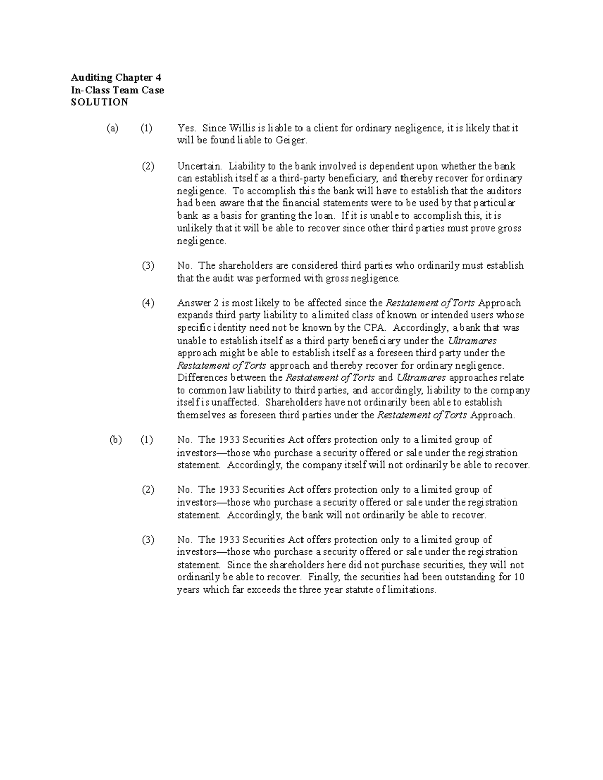 Auditing Chapter 4 In-Class Team Case Solution - Auditing Chapter 4 In-Class Team Case SOLUTION ...
