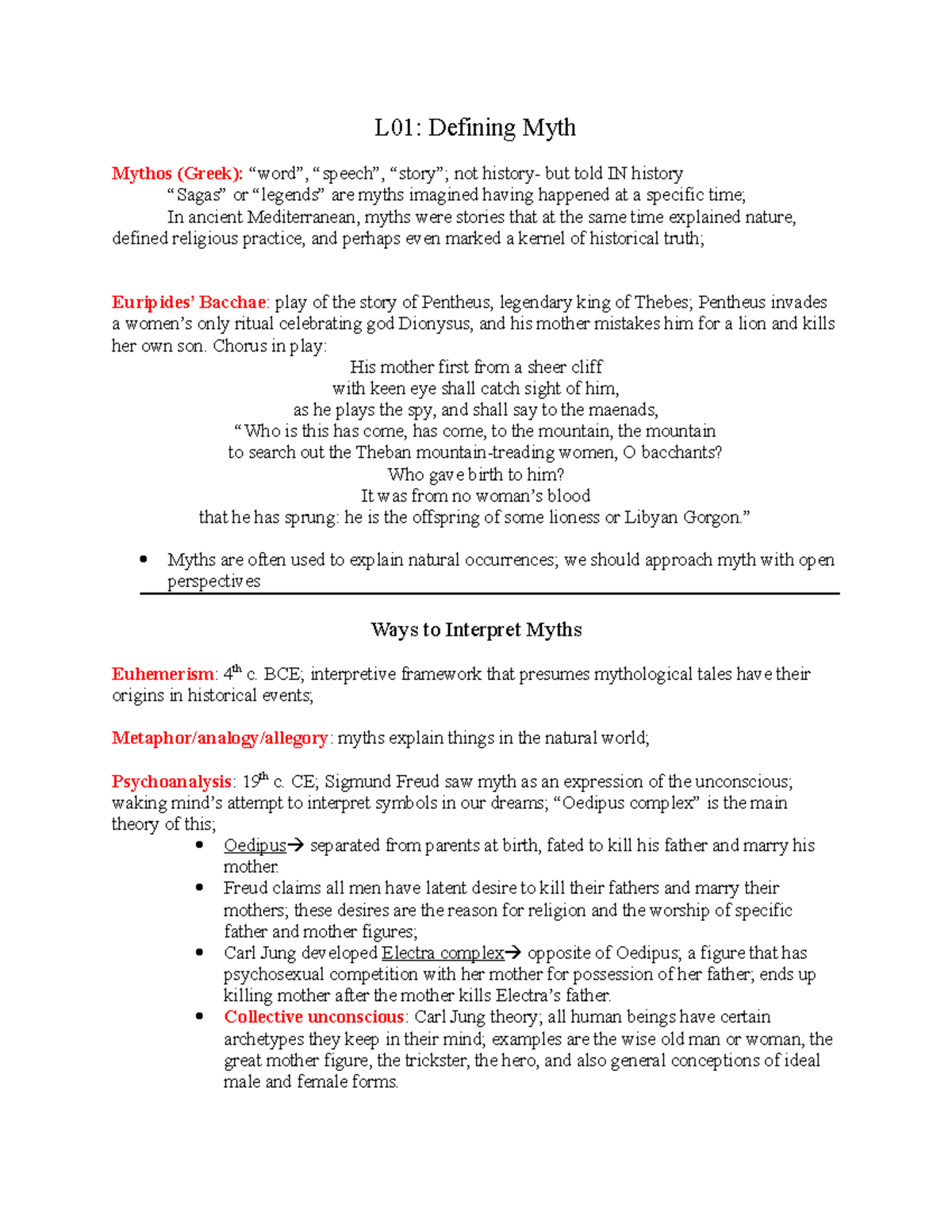 L01 Notes About Myths - L01: Defining Myth Mythos (Greek): “word ...