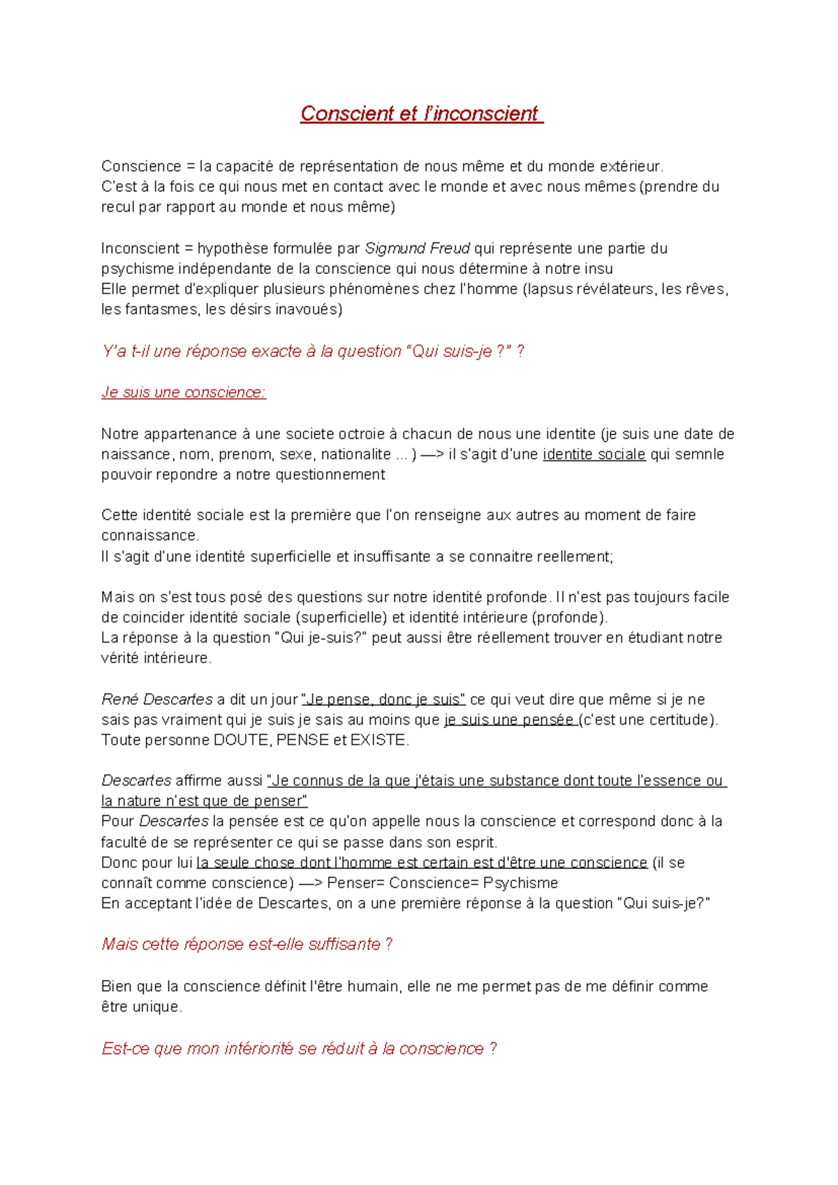 Conscient inconscient Philo - Conscient et l’inconscient Conscience ...