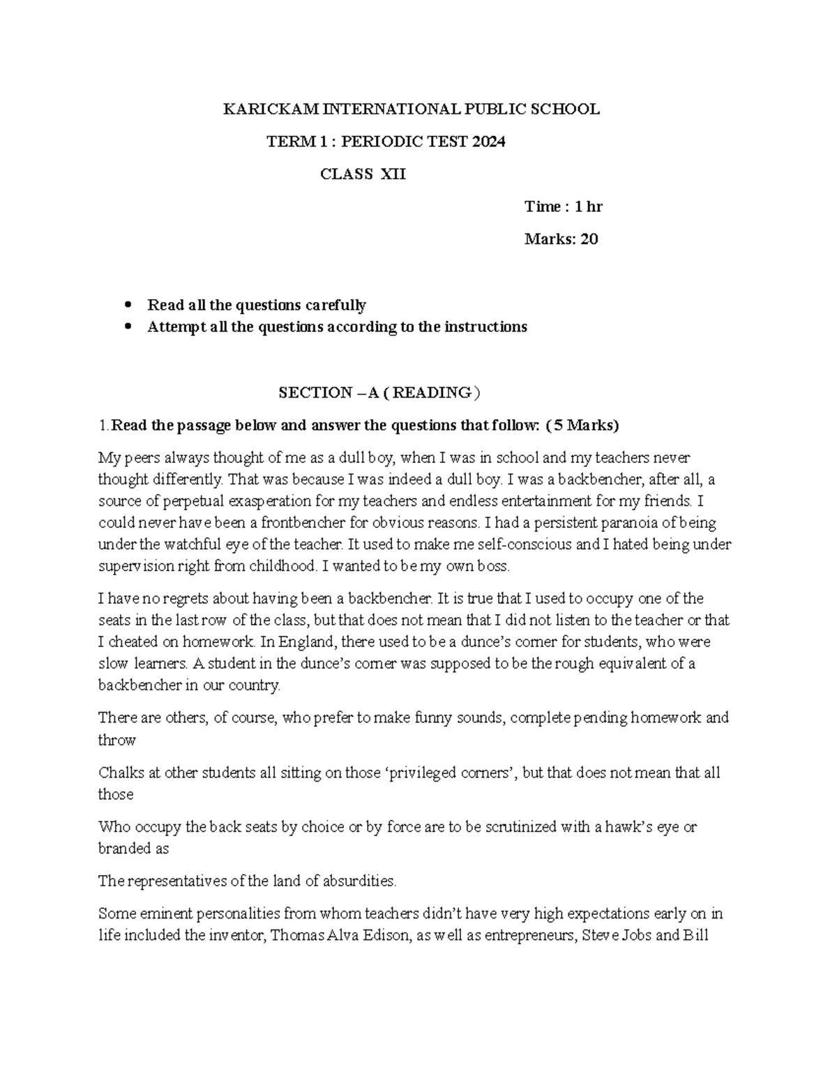 Document (14) class +2 Question paper - KARICKAM INTERNATIONAL PUBLIC SCHOOL TERM 1 : PERIODIC ...