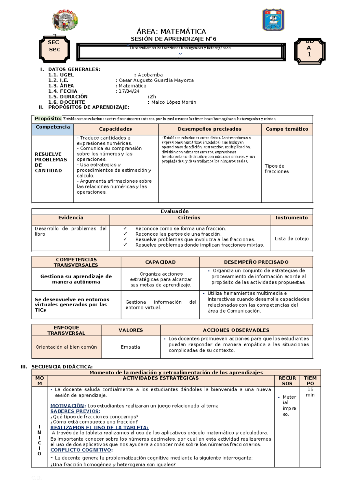 3RO Sesión DE Aprendizaje N°6 - SESIÓN DE APRENDIZAJE N° I. DATOS GENERALES: 1. UGEL : Acobamba ...