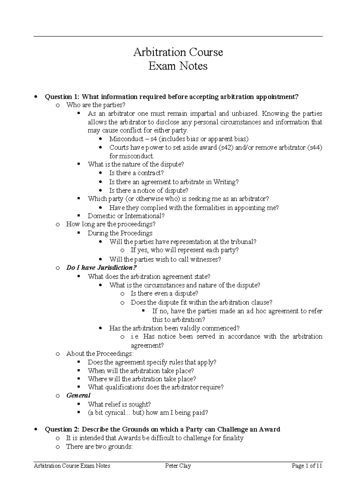 Arbitrators Exam Question Notes - Arbitration Course Exam Notes ...