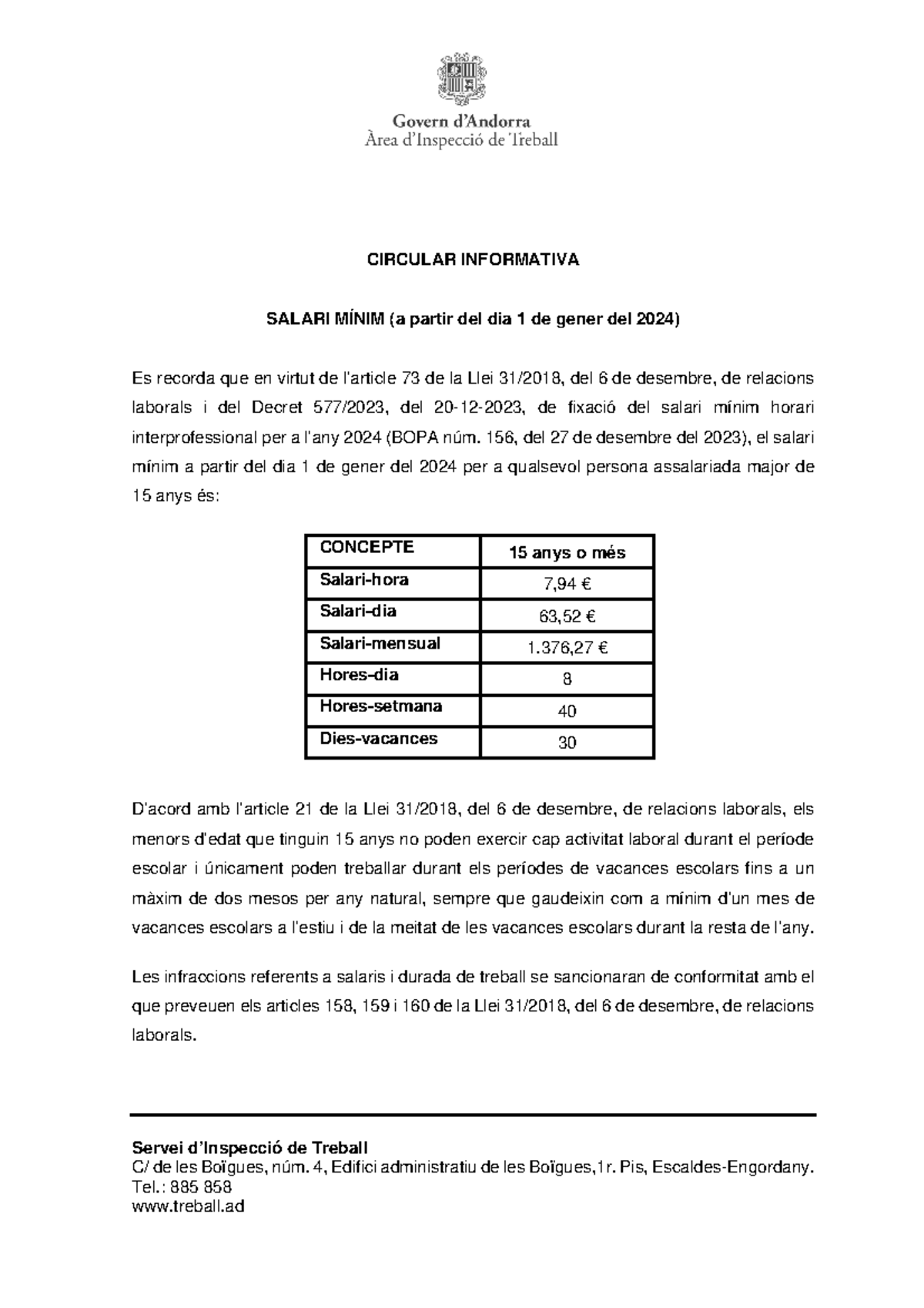 Circular informativa del salari minim de l any 2024 - CIRCULAR INFORMATIVA SALARI MÍNIM (a ...