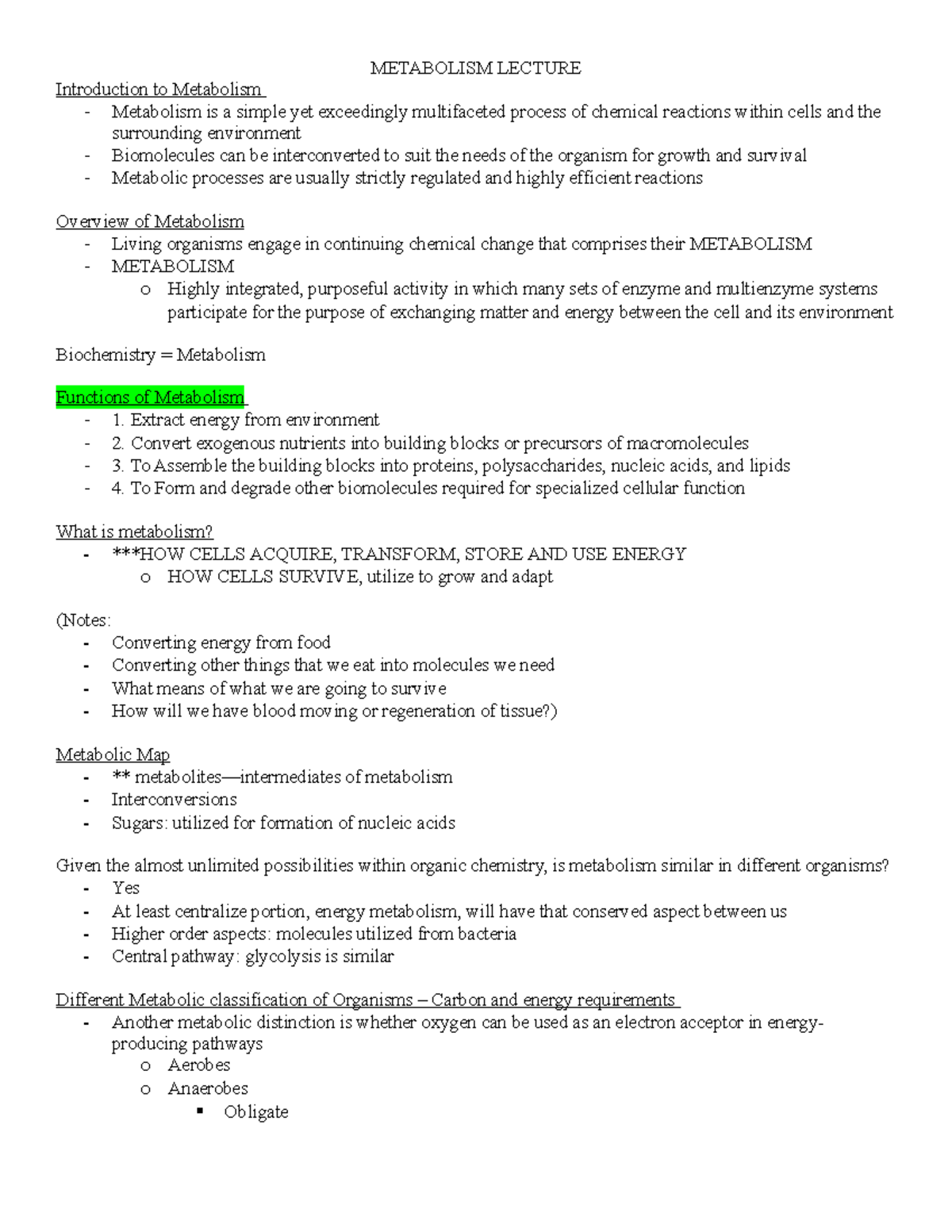 Metabolism EXAM 1 Lecture Notes - METABOLISM LECTURE Introduction to ...
