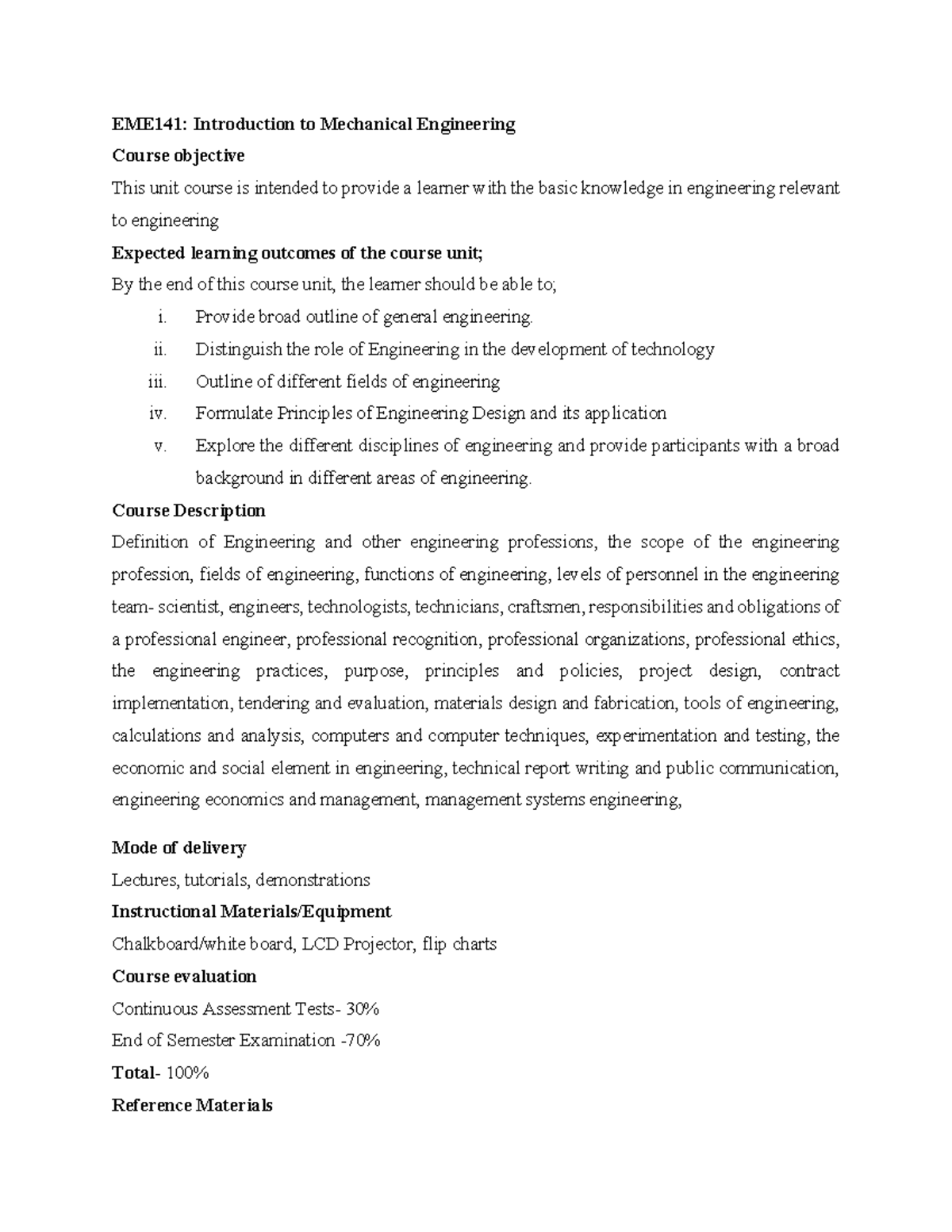 EME 141 Course content[ 4729] - EME141: Introduction to Mechanical ...