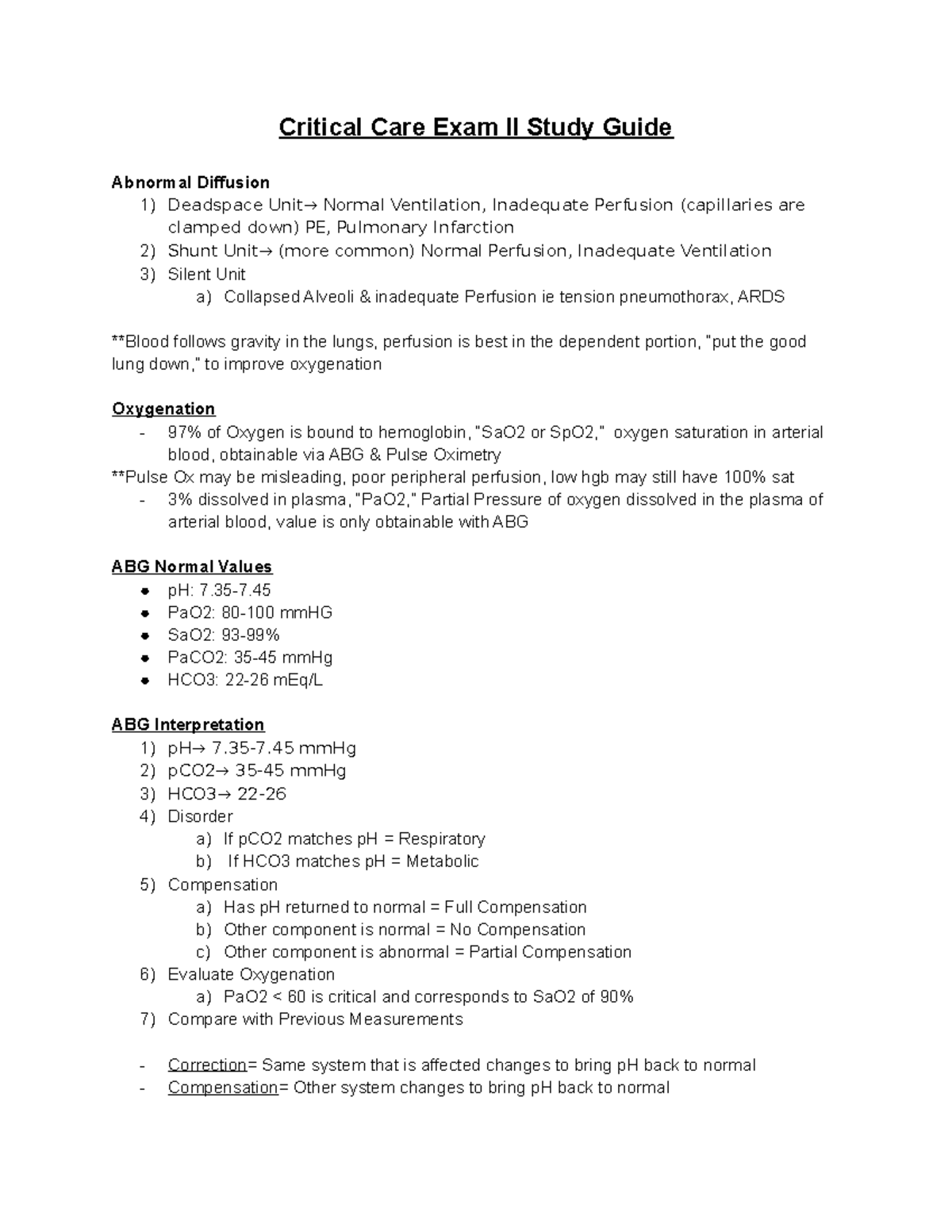 Exam II Study Guide - Critical Care Exam II Study Guide Abnormal ...