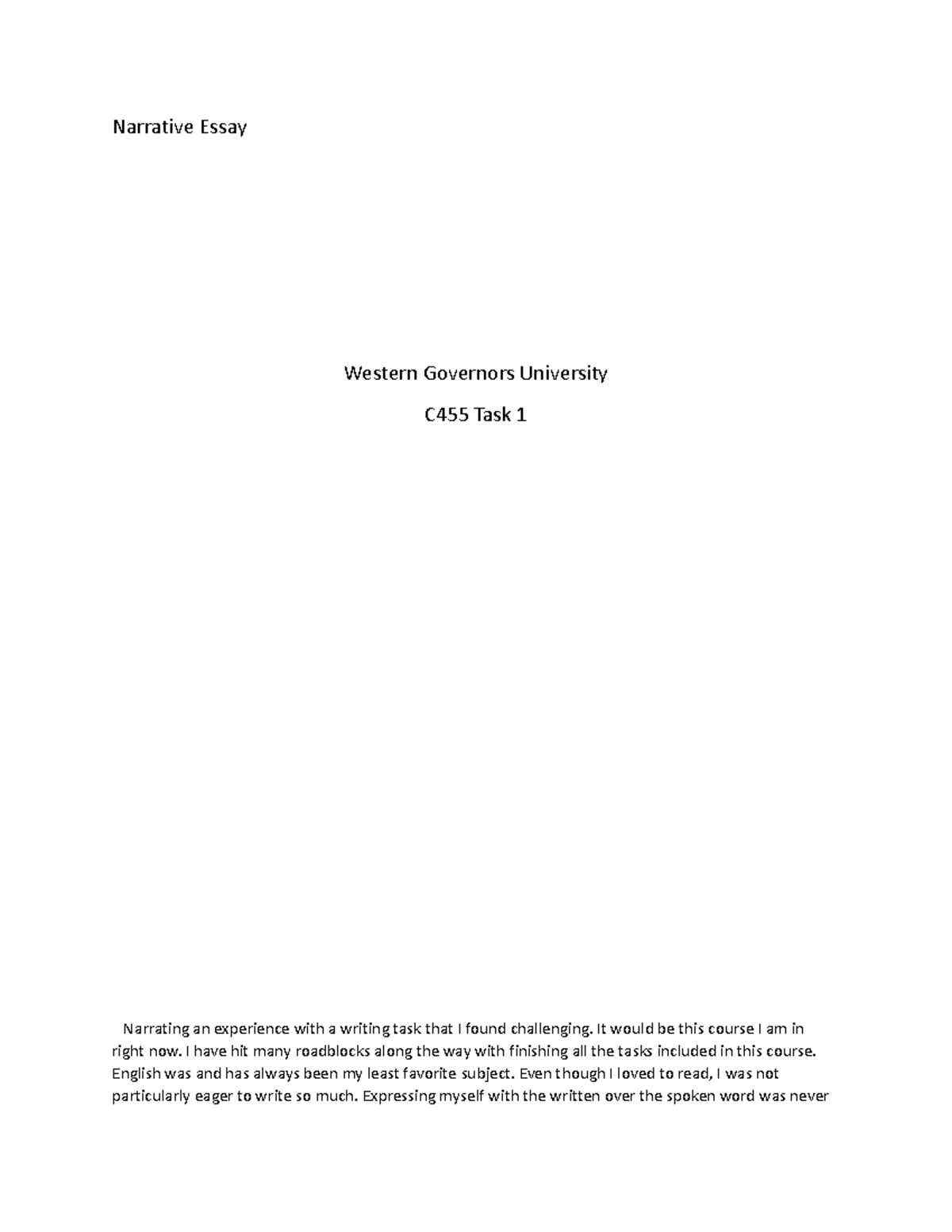 English Comp 1 task 1 - Narrative Essay Western Governors University ...