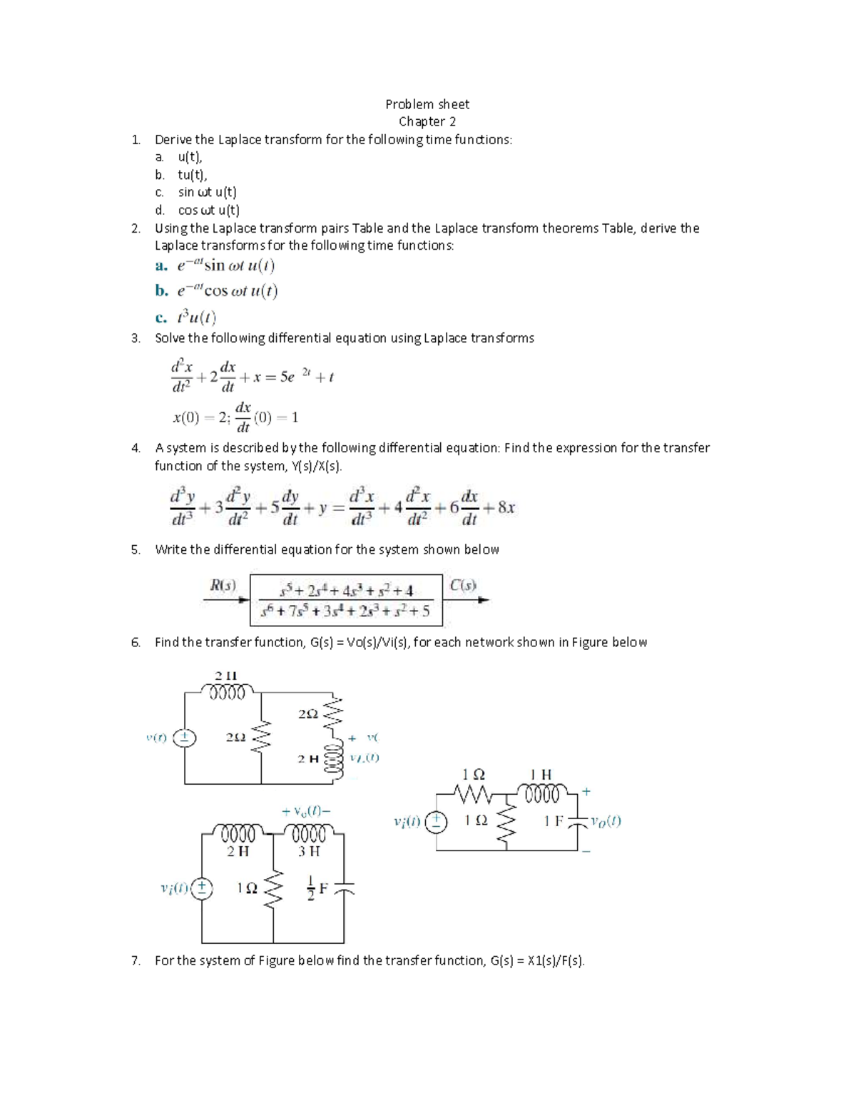 Problem sheet 2 - term work - Problem sheet Chapter 2 Derive the Laplace transform for the ...