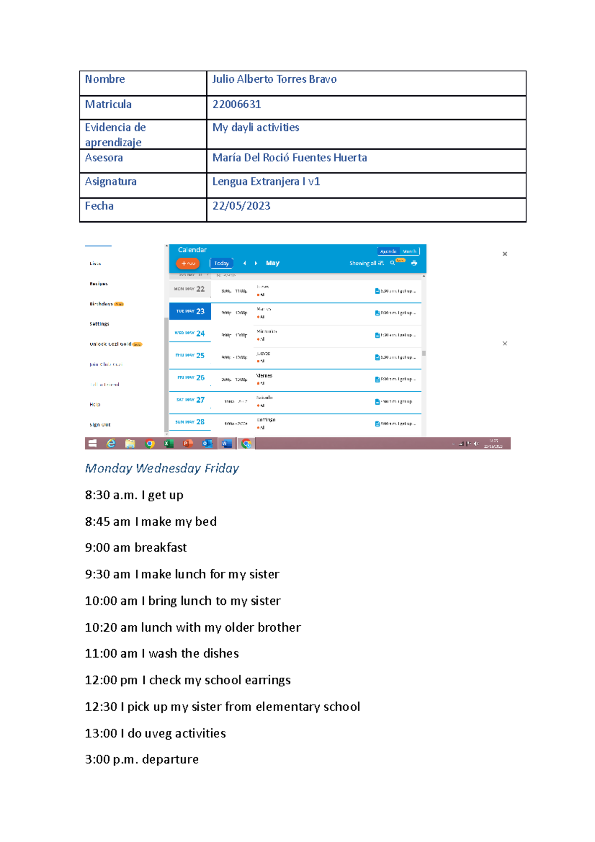 Torres Julio My daily activities - Nombre Julio Alberto Torres Bravo ...