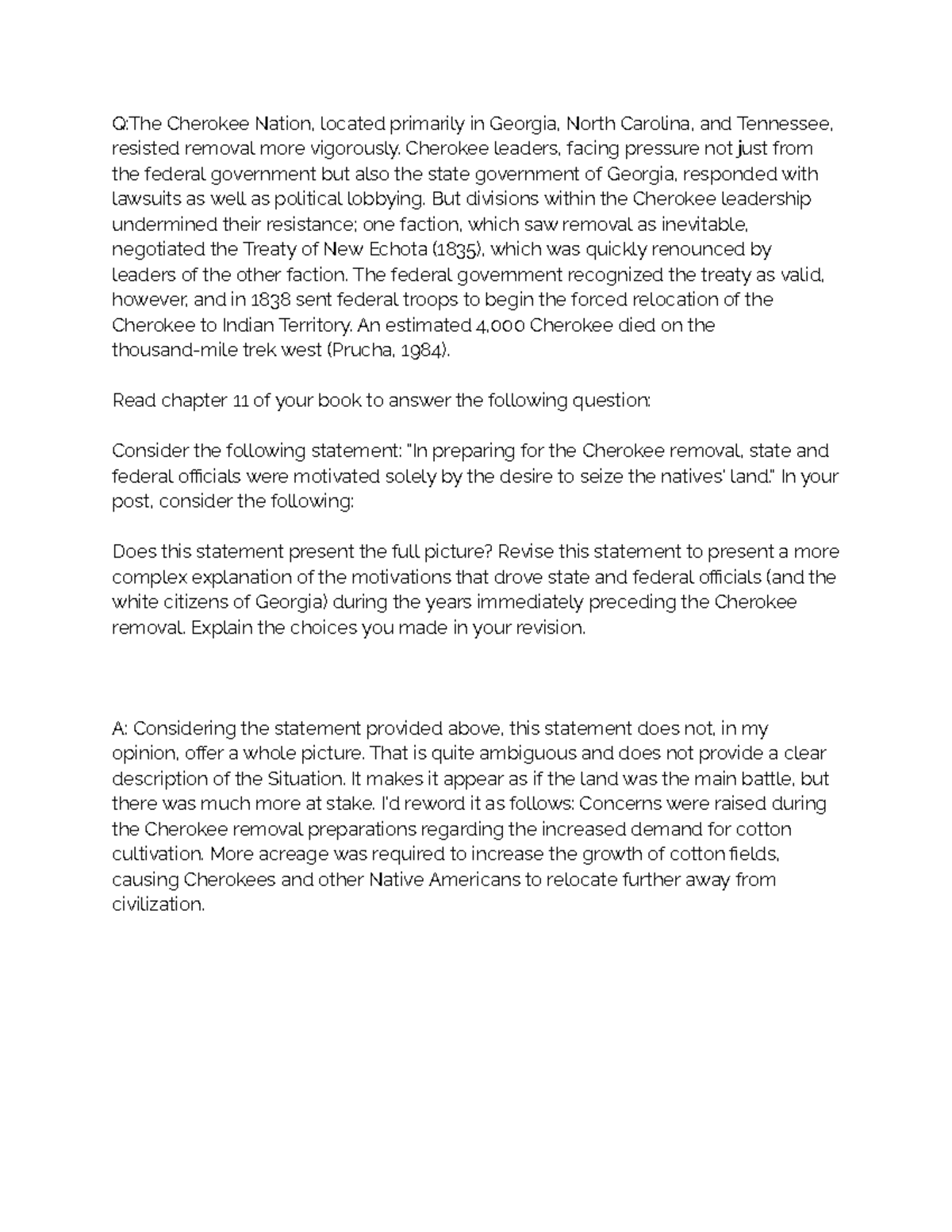 Discussion 6 The cherokee removal act - Q:The Cherokee Nation, located ...