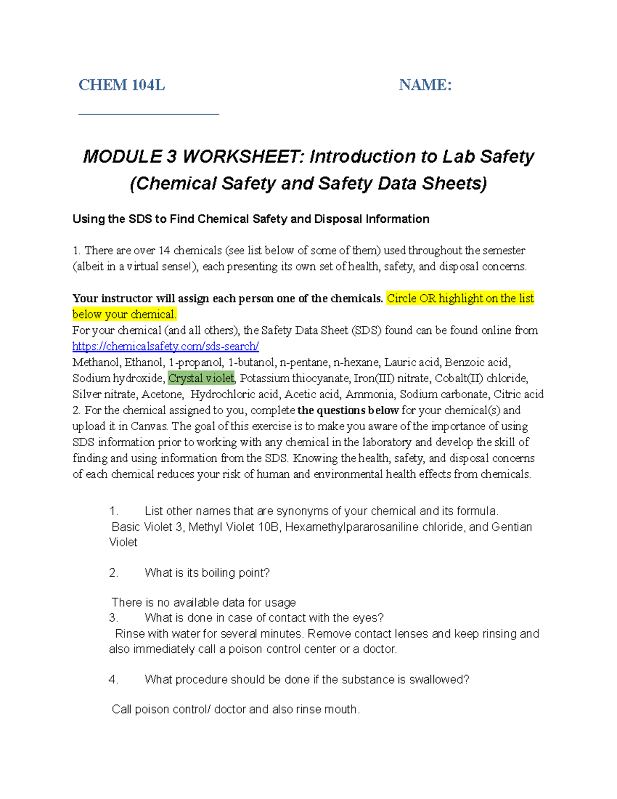 Intro to lab safety - Summer Class first assignment - CHEM 104L NAME ...