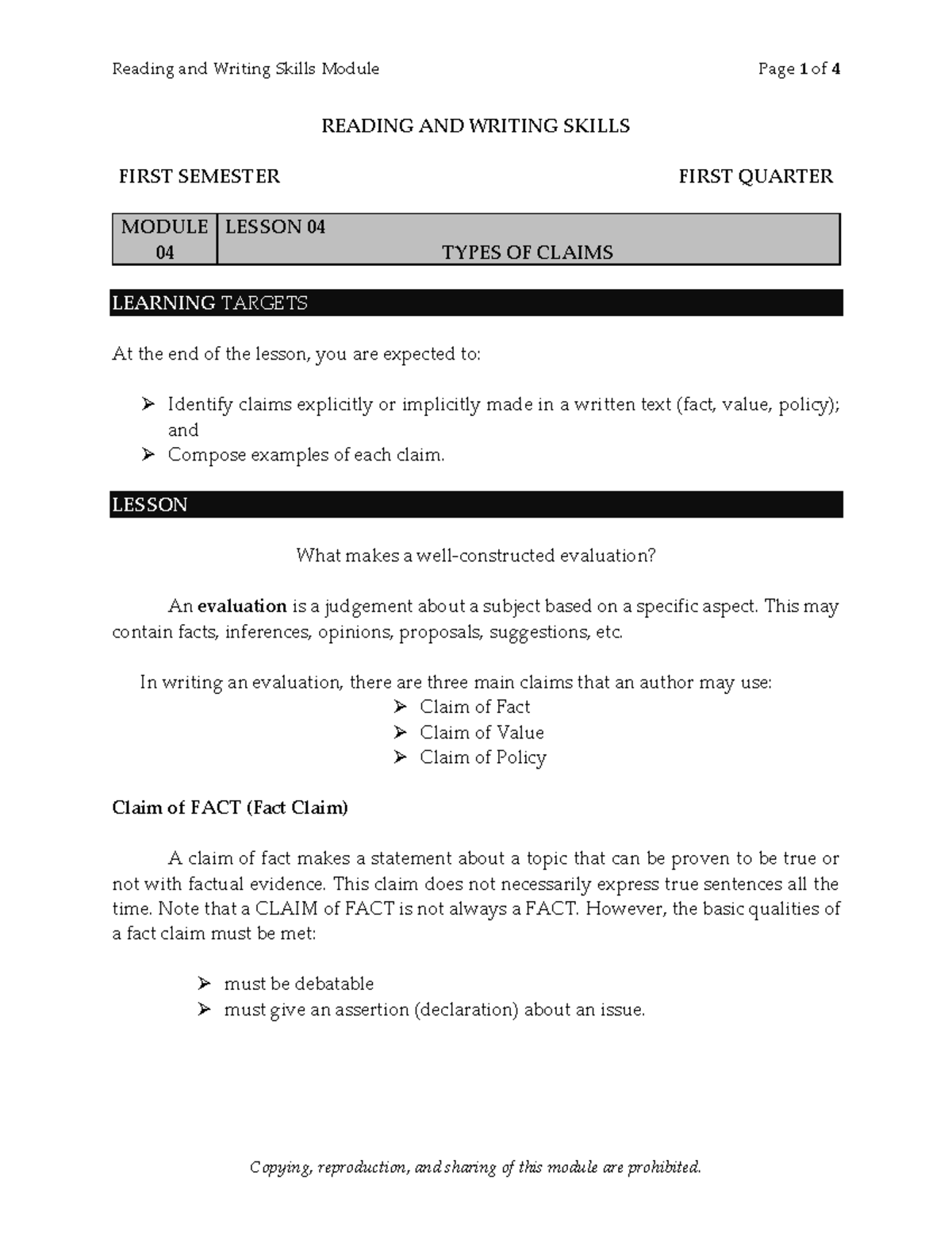 Lesson 04 Types of Claims - READING AND WRITING SKILLS FIRST SEMESTER ...