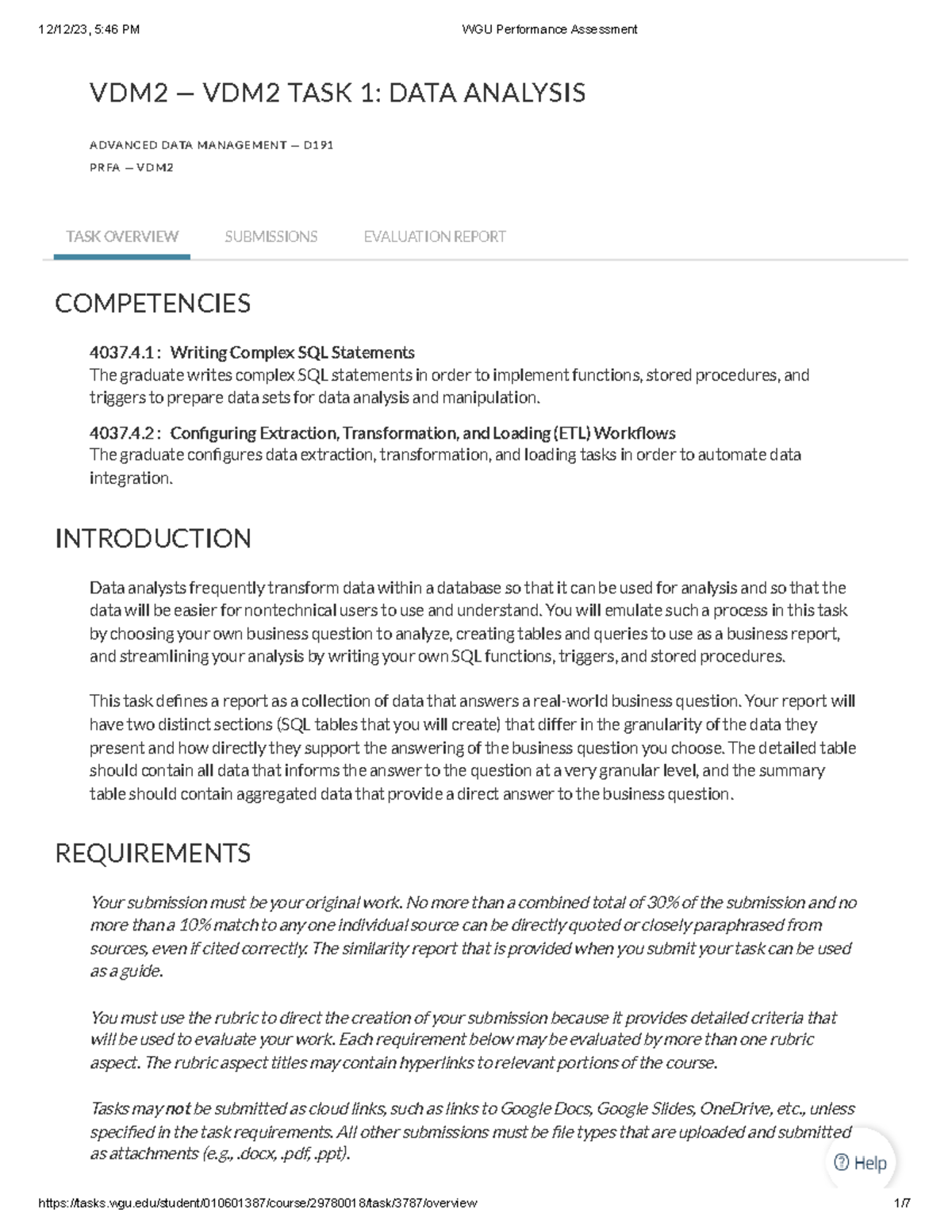 WGU Performance Assessment - VDM2 — VDM2 TASK 1: DATA ANALYSIS ADVANCED ...