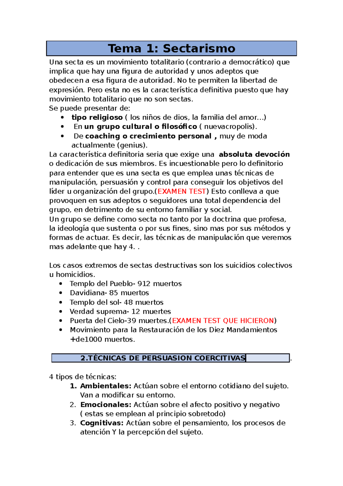 Tema 1 - Apuntes 1 - Tema 1: Sectarismo Una secta es un movimiento ...