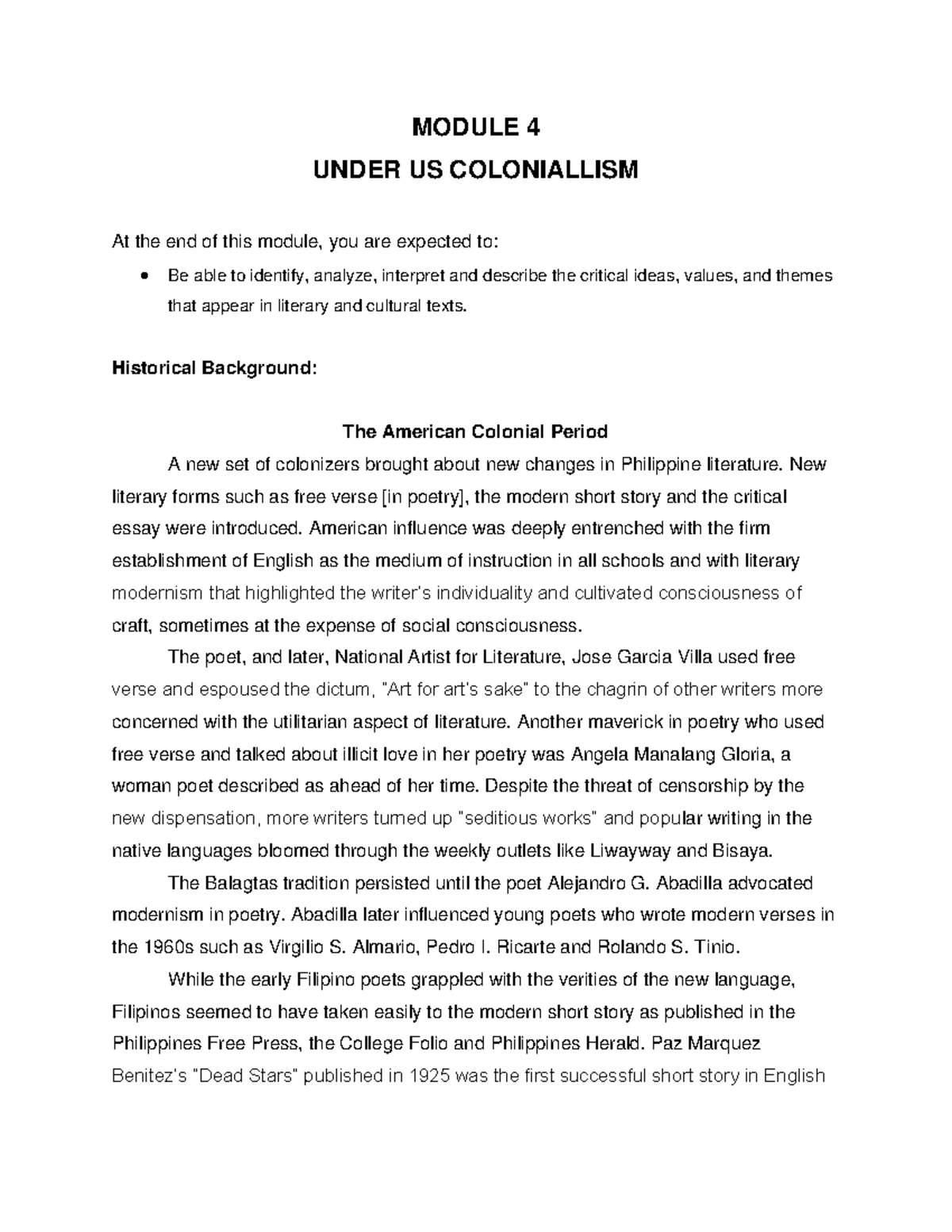 Under US Coloniallism - Lecture notes 1 - MODULE 4 UNDER US ...