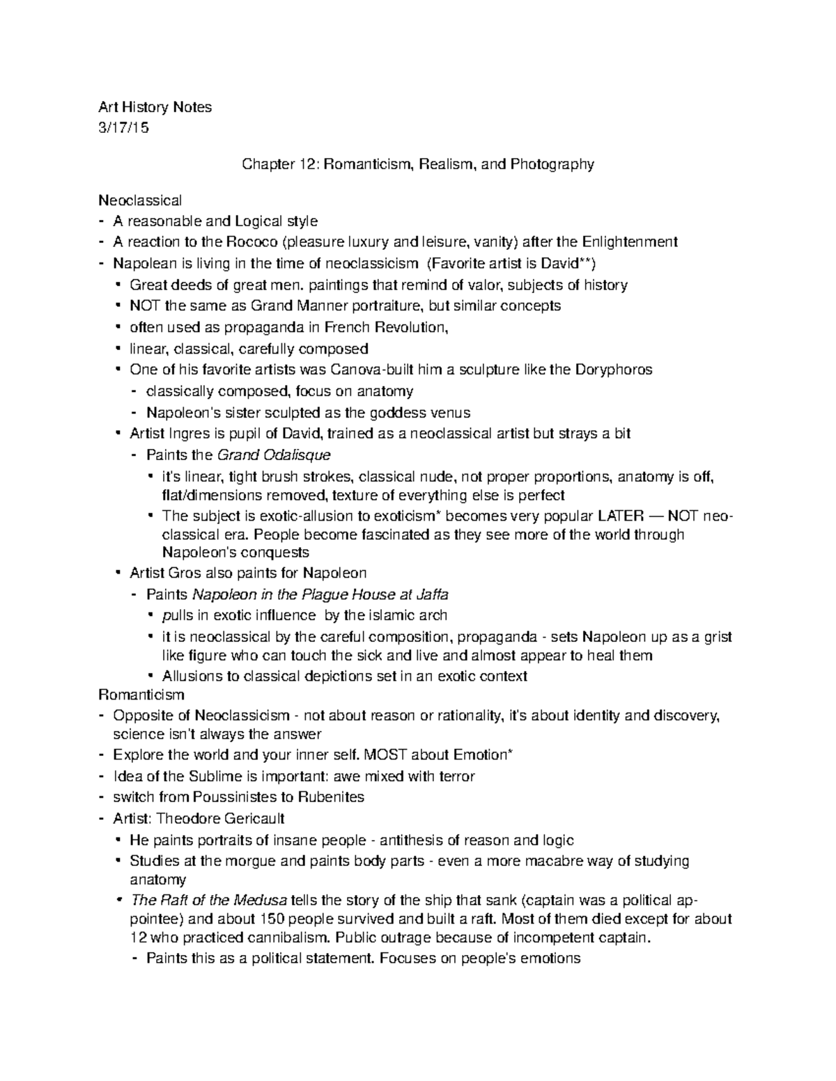 Notes from 3/17/15 - Art History Notes 3/17/15 Chapter 12: Romanticism ...