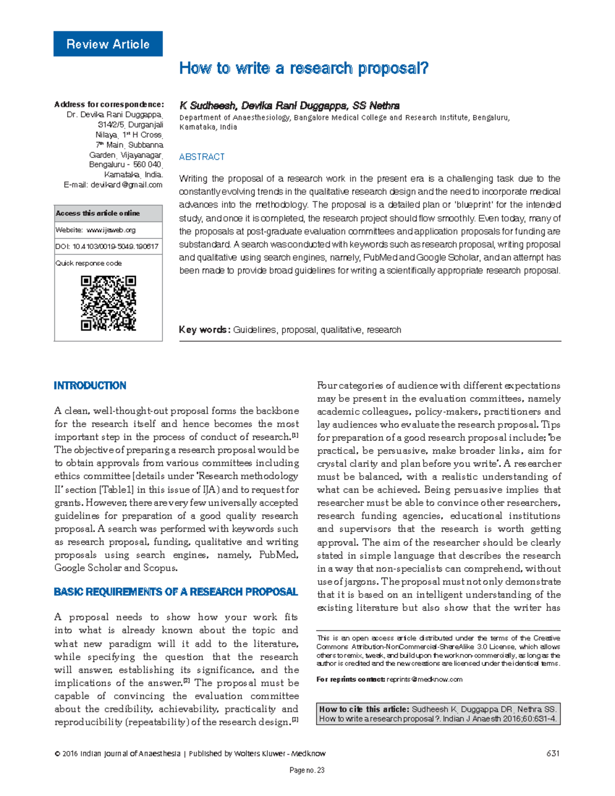 How to write a research proposal - © 2016 Indian Journal of Anaesthesia ...