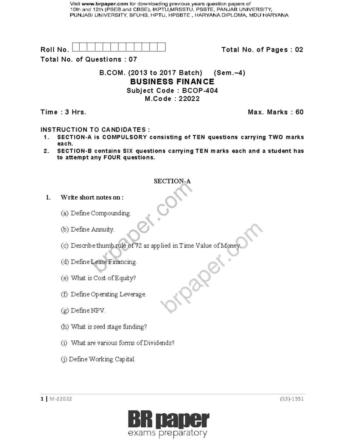 BF(4th)May2019 - Question paper - 1 | M-22022 (S3)- Roll No. Total No ...