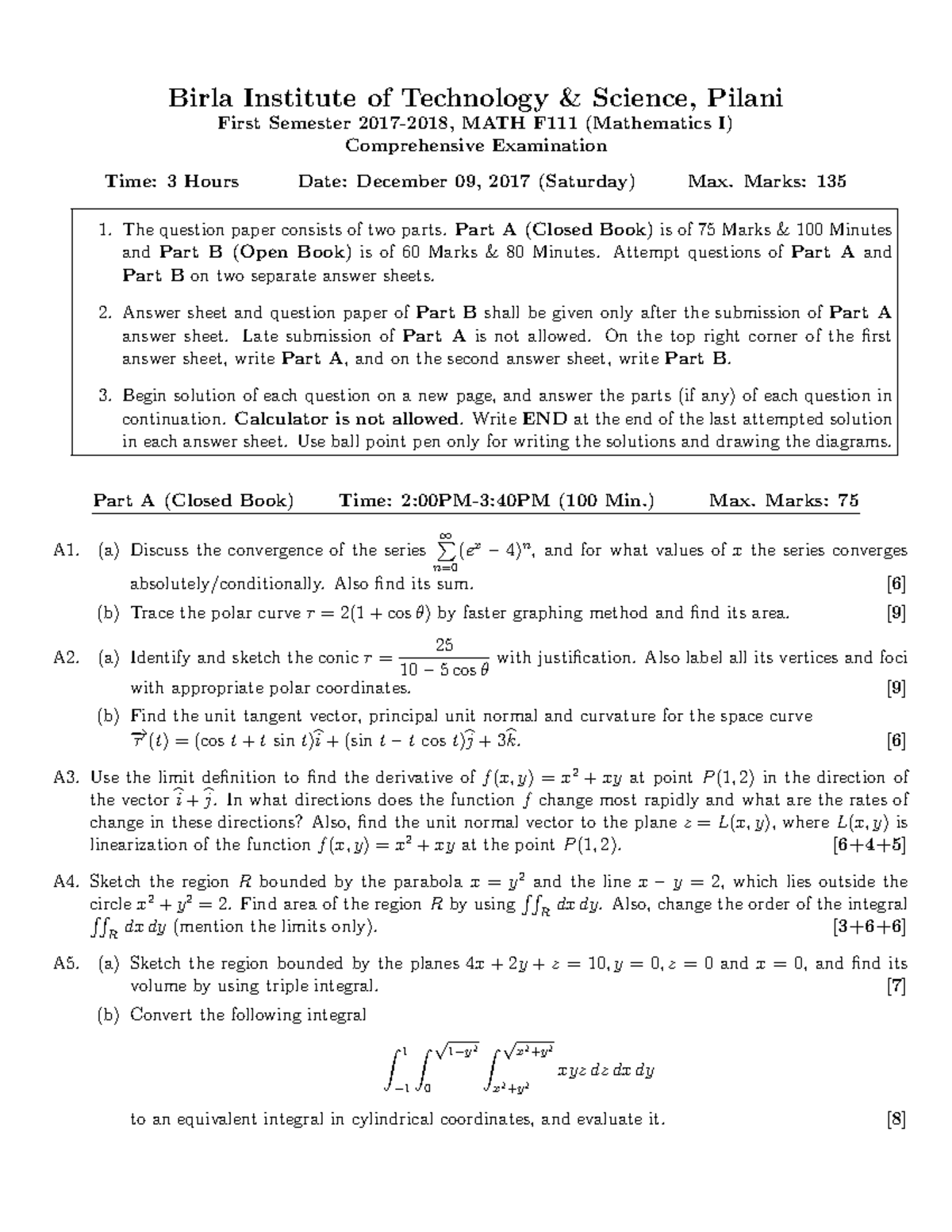 MATH F111 1010 C 2017 1 - Mathematics - I - BITS Pilani - Studocu