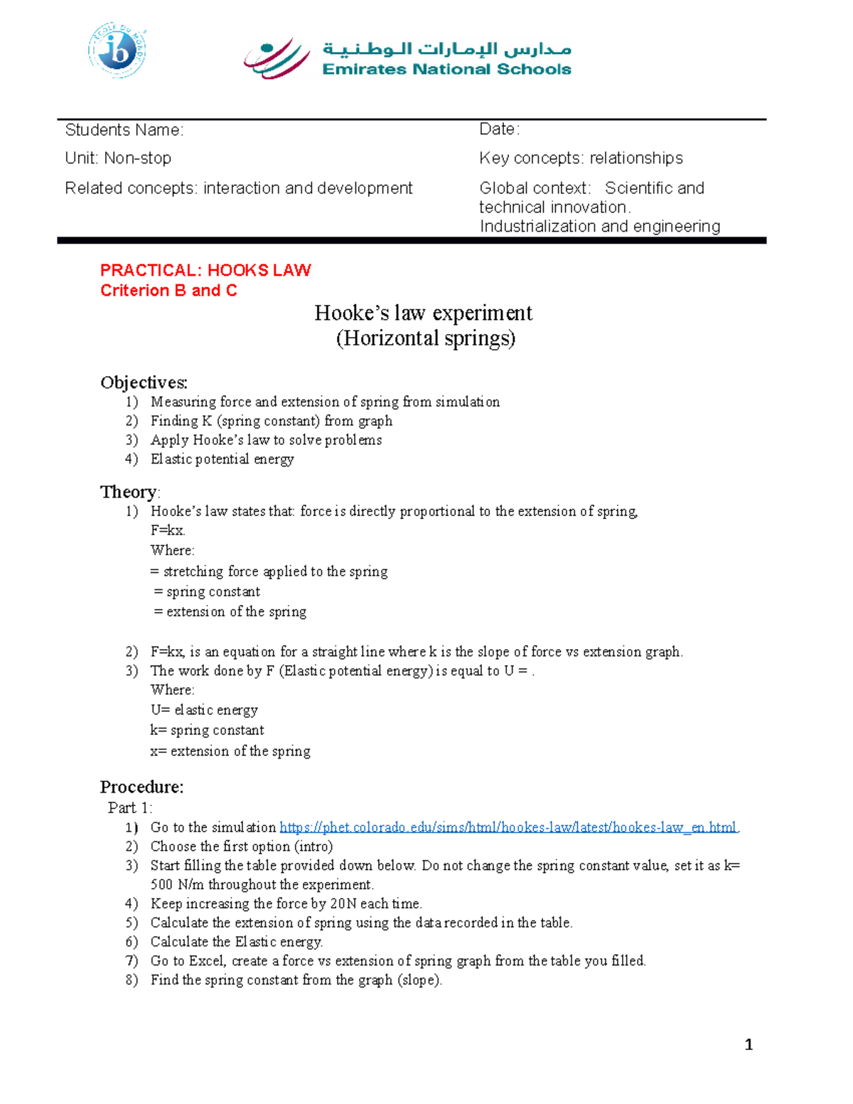 Hooke's law - Physics - PRACTICAL: HOOKS LAW Criterion B and C Hooke’s ...