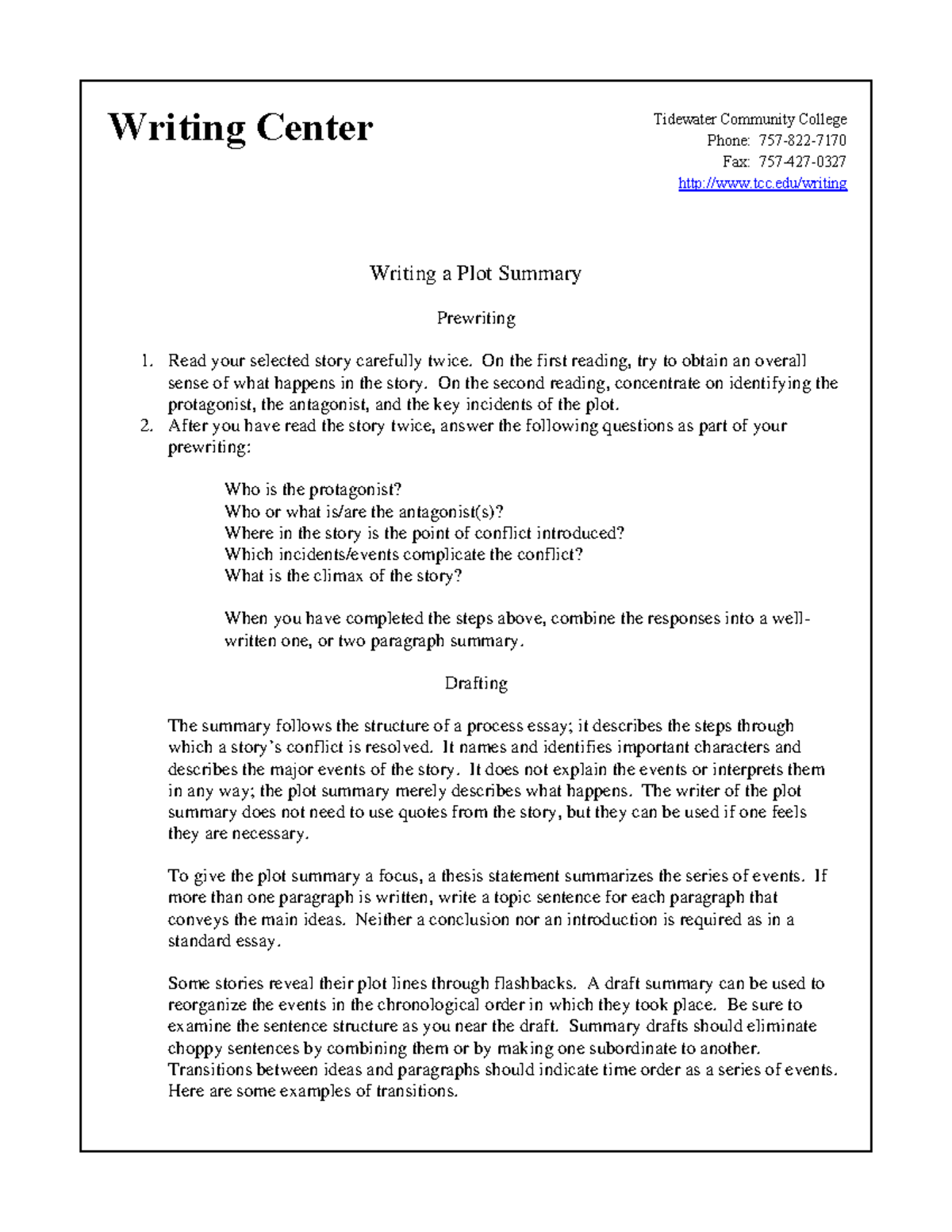 Essay types plot summary - Writing Center Tidewater Community College ...