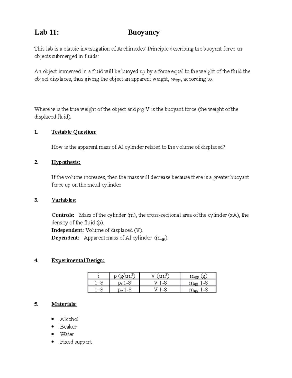 PHY111L Lab 11 Buoyancy 3 - Lab 11: Buoyancy This lab is a classic ...
