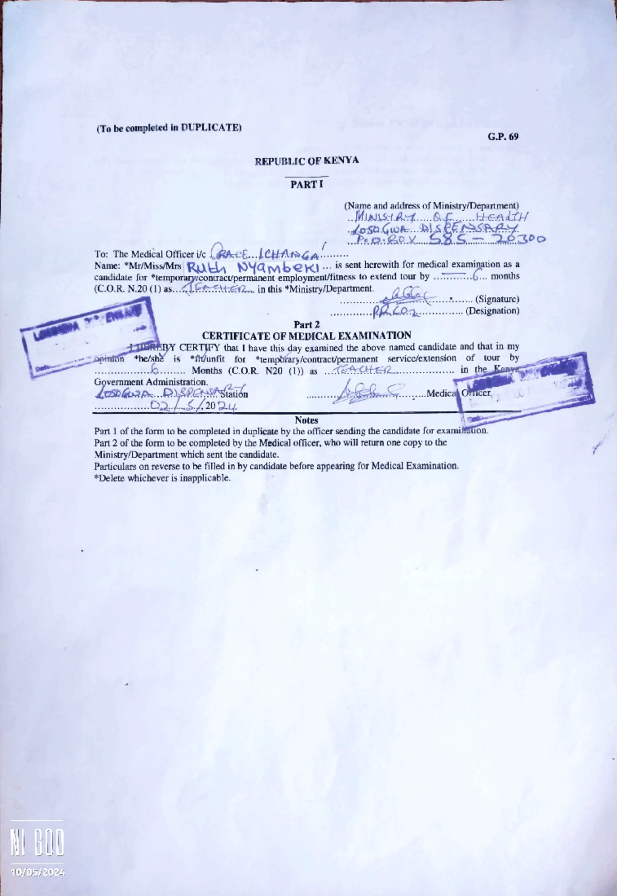 Ruth's GP69 medical form - Date. 10/05/ (To becompleted in DUPLICATE) REPUBLIC OF KENYA PART I ...