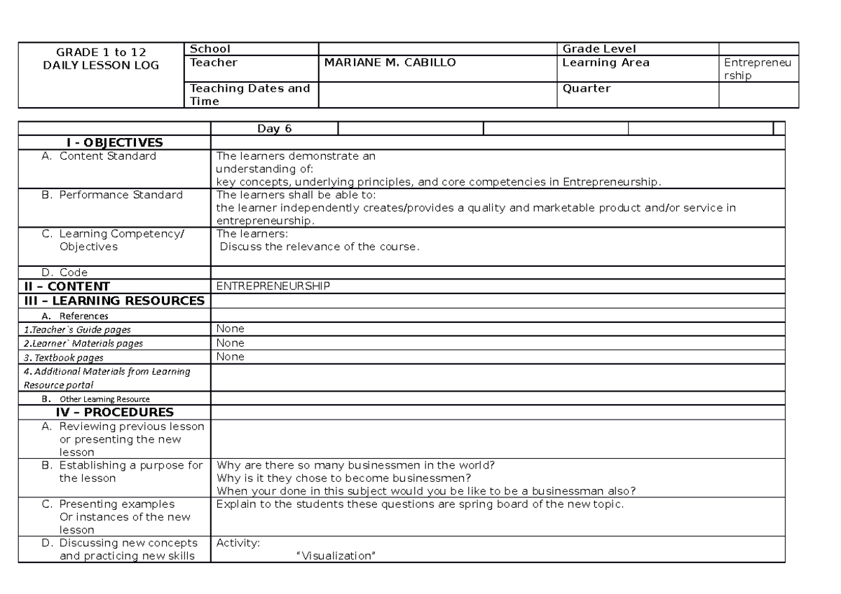 Daily Lesson Log Mariane-DAY 1 - GRADE 1 to 12 DAILY LESSON LOG School ...