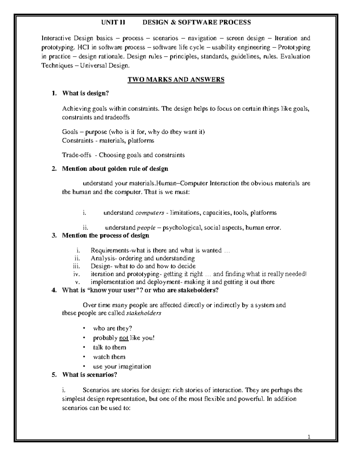 Full note 2 - UNIT II DESIGN & SOFTWARE PROCESS Interactive Design basics – process – scenarios ...