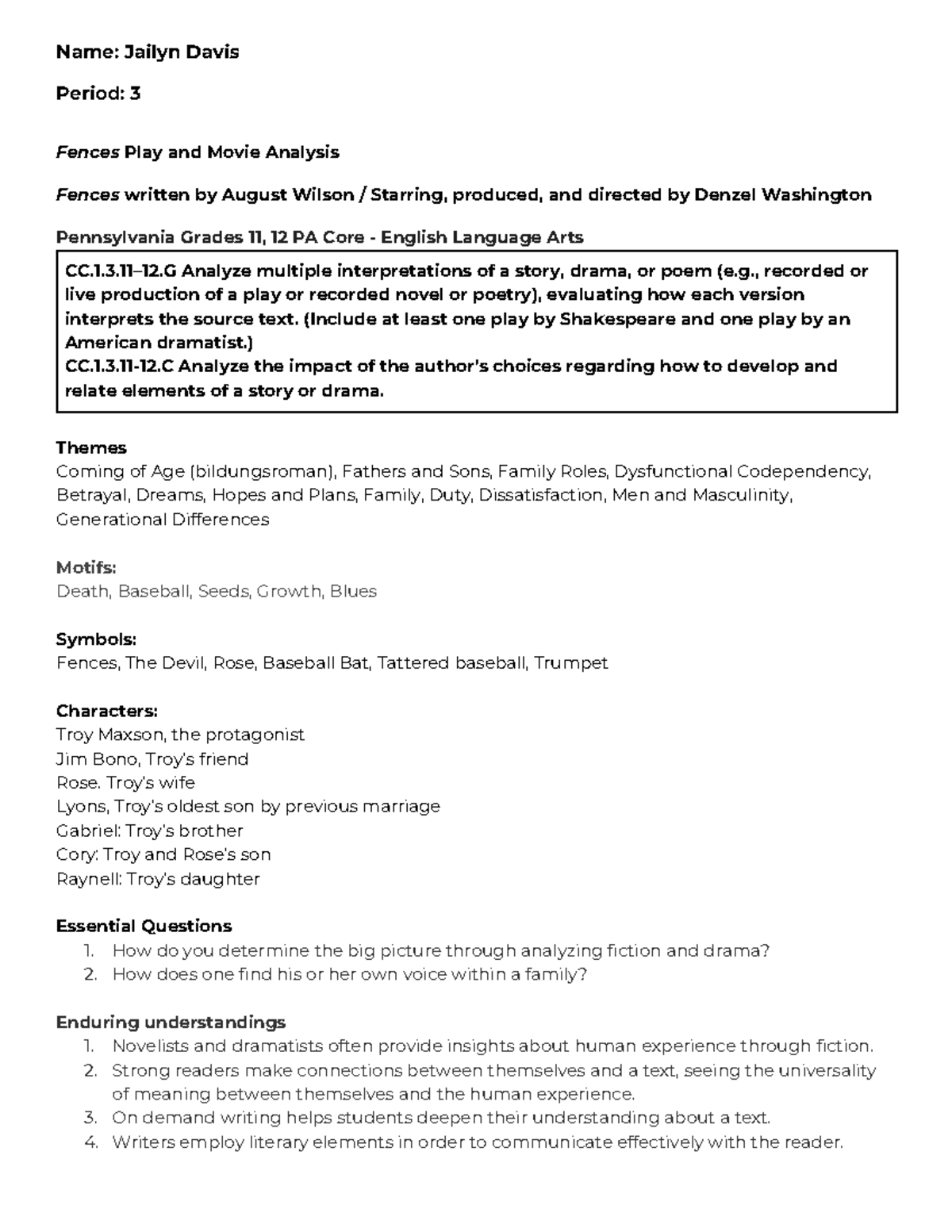 Movie Analysis (Kitch) - Name: Jailyn Davis Period: 3 Fences Play and ...