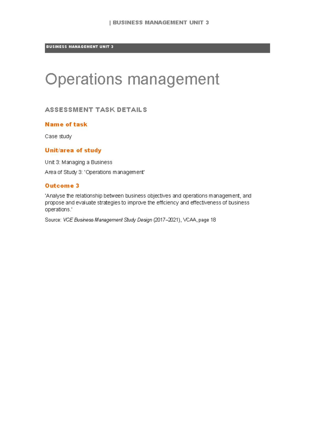 2018 compak - sac - BUSINESS MANAGEMENT UNIT 3 Operations management ASSESSMENT TASK DETAILS ...