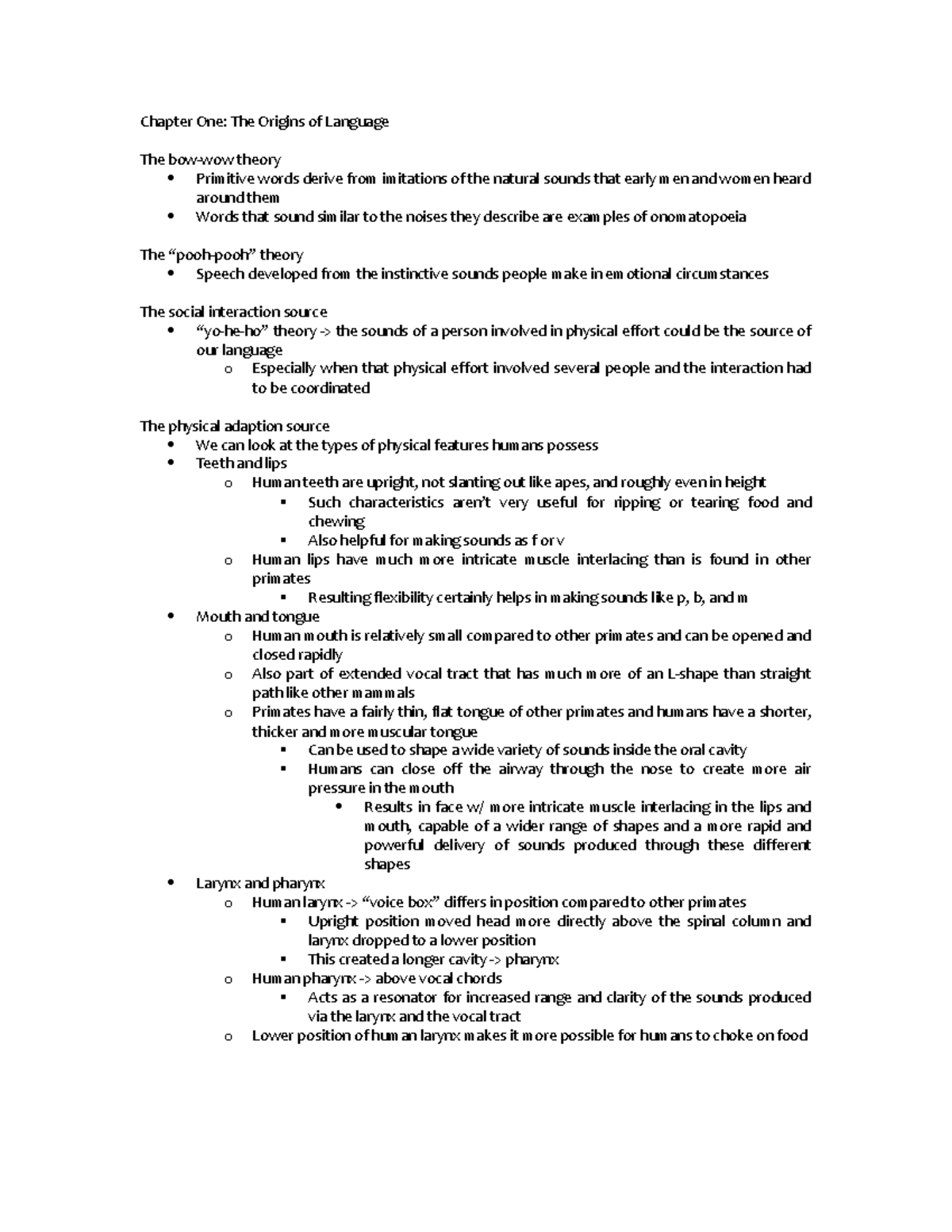 Chapter 1 - notes - Chapter One: The Origins of Language The bow-wow ...