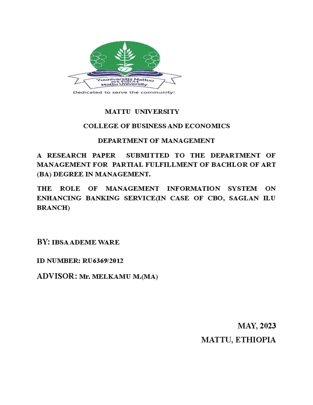 Ibsaa research 2023@ - MATTU UNIVERSITY COLLEGE OF BUSINESS AND ...