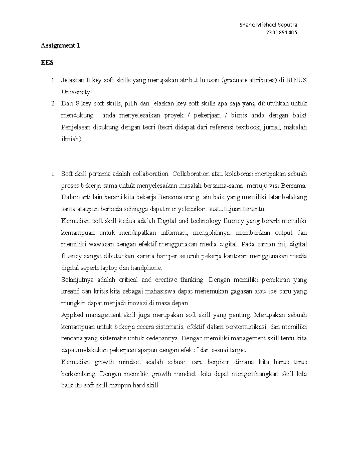 Assignment Bulan 1-EES-IN Enrichment Internship - Shane Michael Saputra 2301891405 Assignment 1 ...