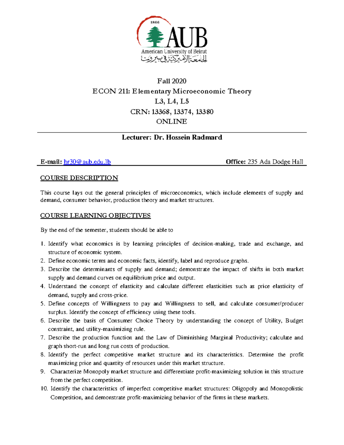 Syllabus Ch1 Notes of econ 211 at aub in lebanonCh1 Notes of econ 211 ...