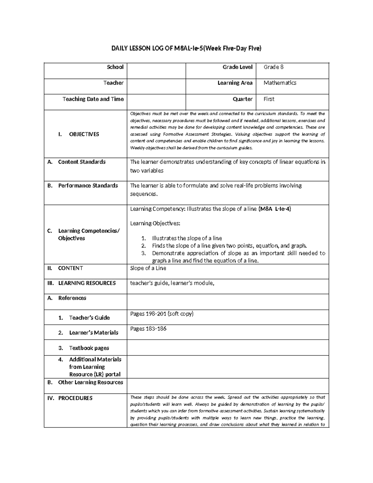 I-Day 20 - This is a class note. - DAILY LESSON LOG OF M8AL-Ie-5(Week ...