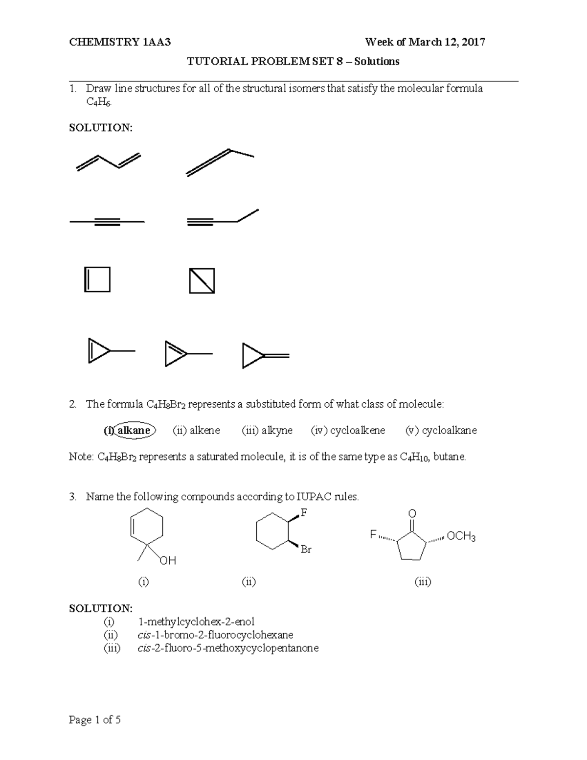 1aa3 2017 tut8 a - Notes - CHEMISTRY 1AA3 Week of March 12, 2017 ...