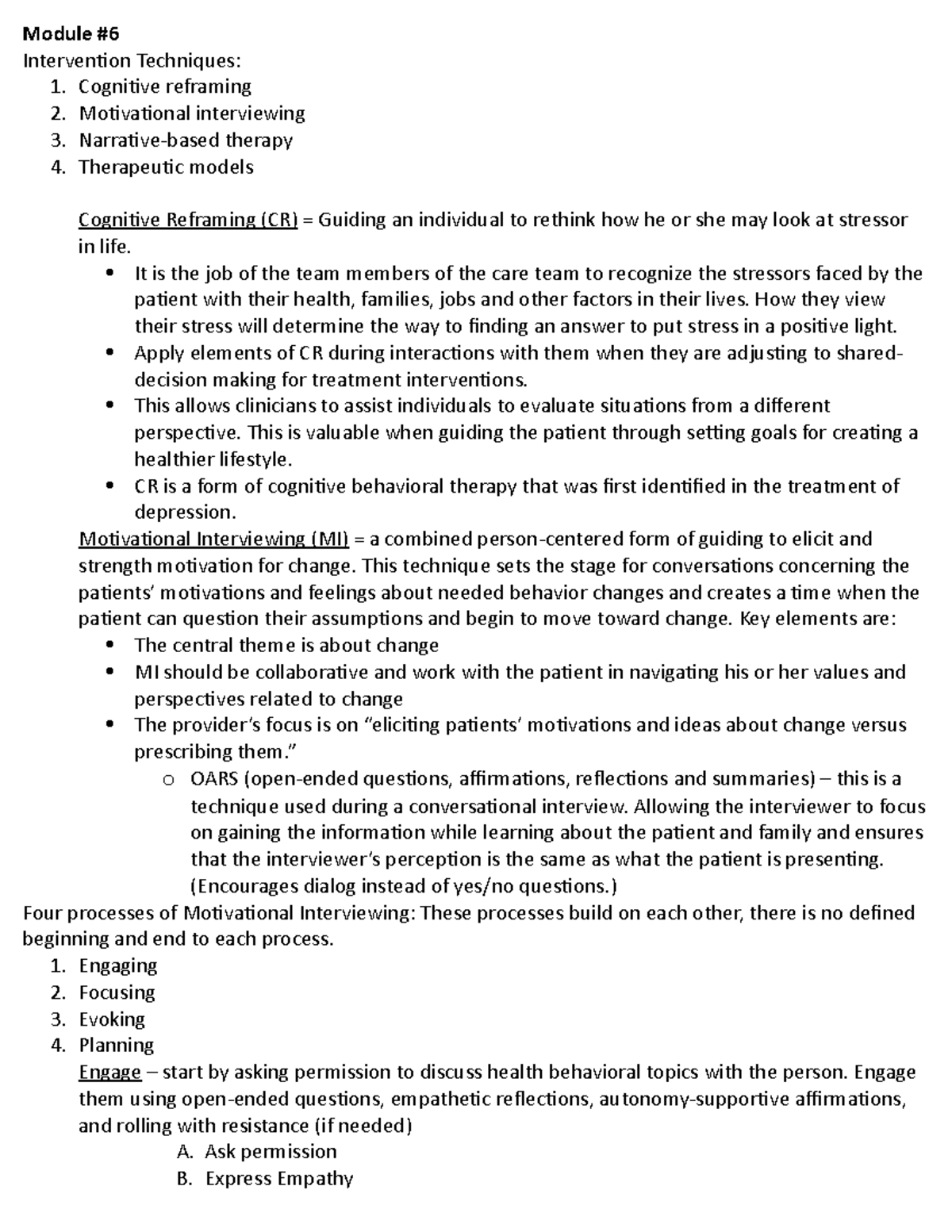 Module 6 - Module # Intervention Techniques: 1. Cognitive reframing 2 ...