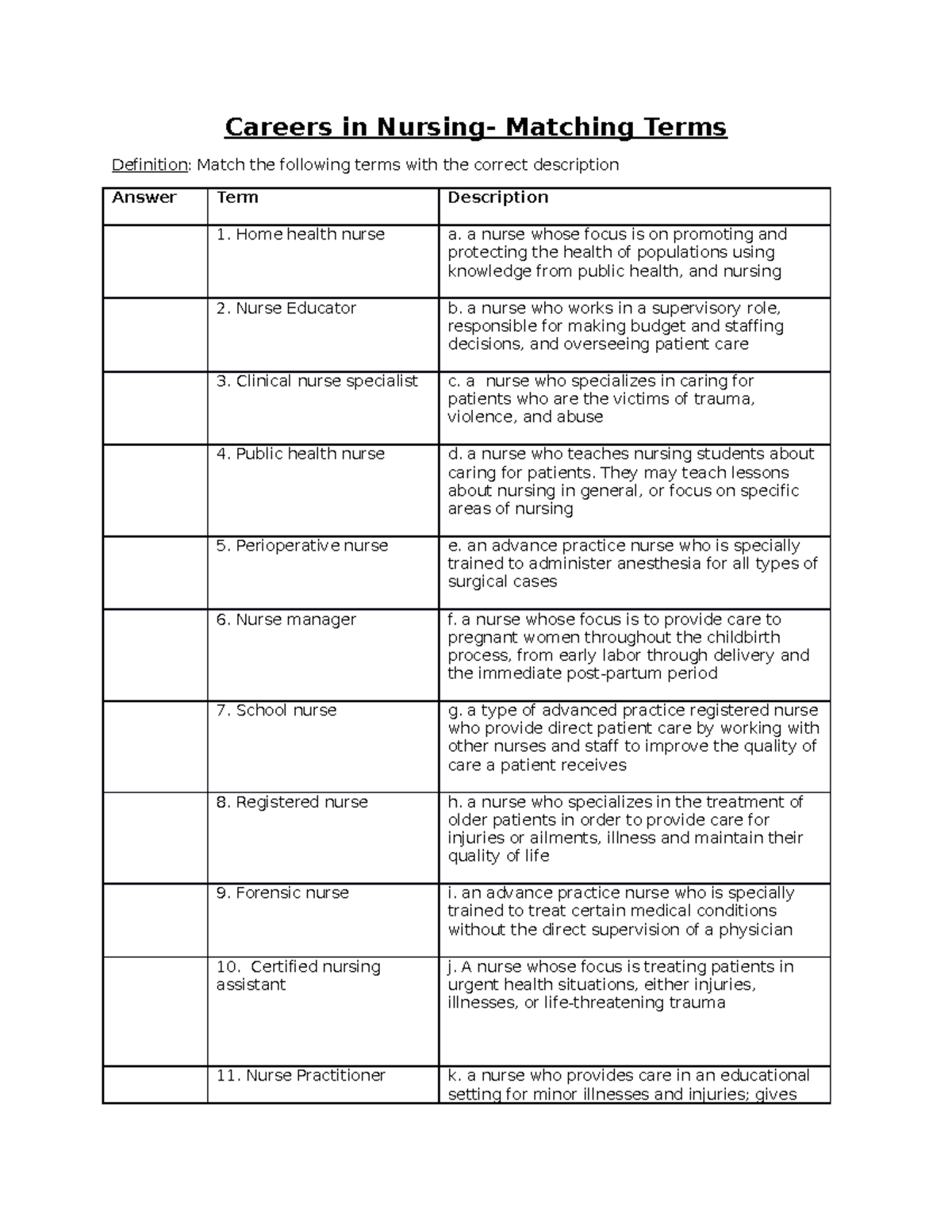 Careersin Nursing Matching Terms Worksheet Health Sciences Nursing-1 ...