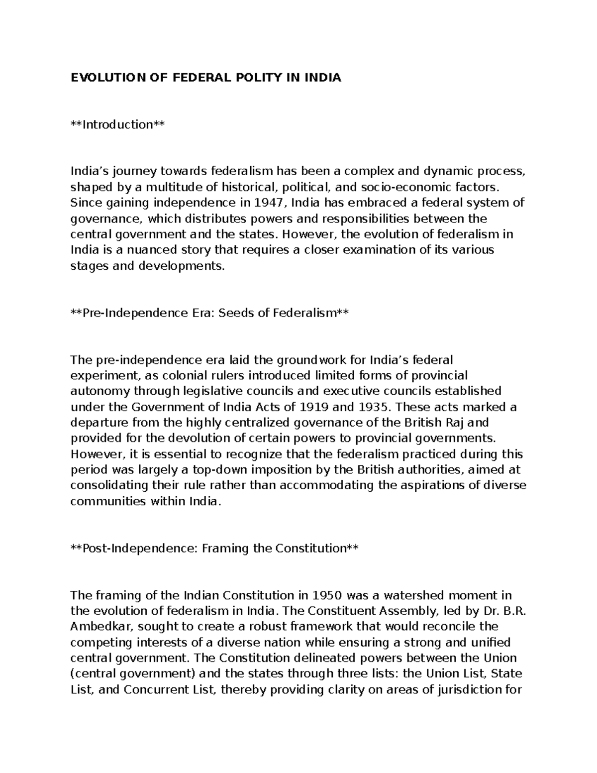 Federal polity - EVOLUTION OF FEDERAL POLITY IN INDIA Introduction ...