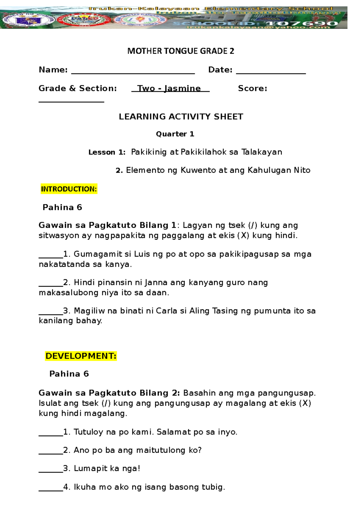 Q1 MTB Worksheet Oct - MOTHER TONGUE GRADE 2 Name ...