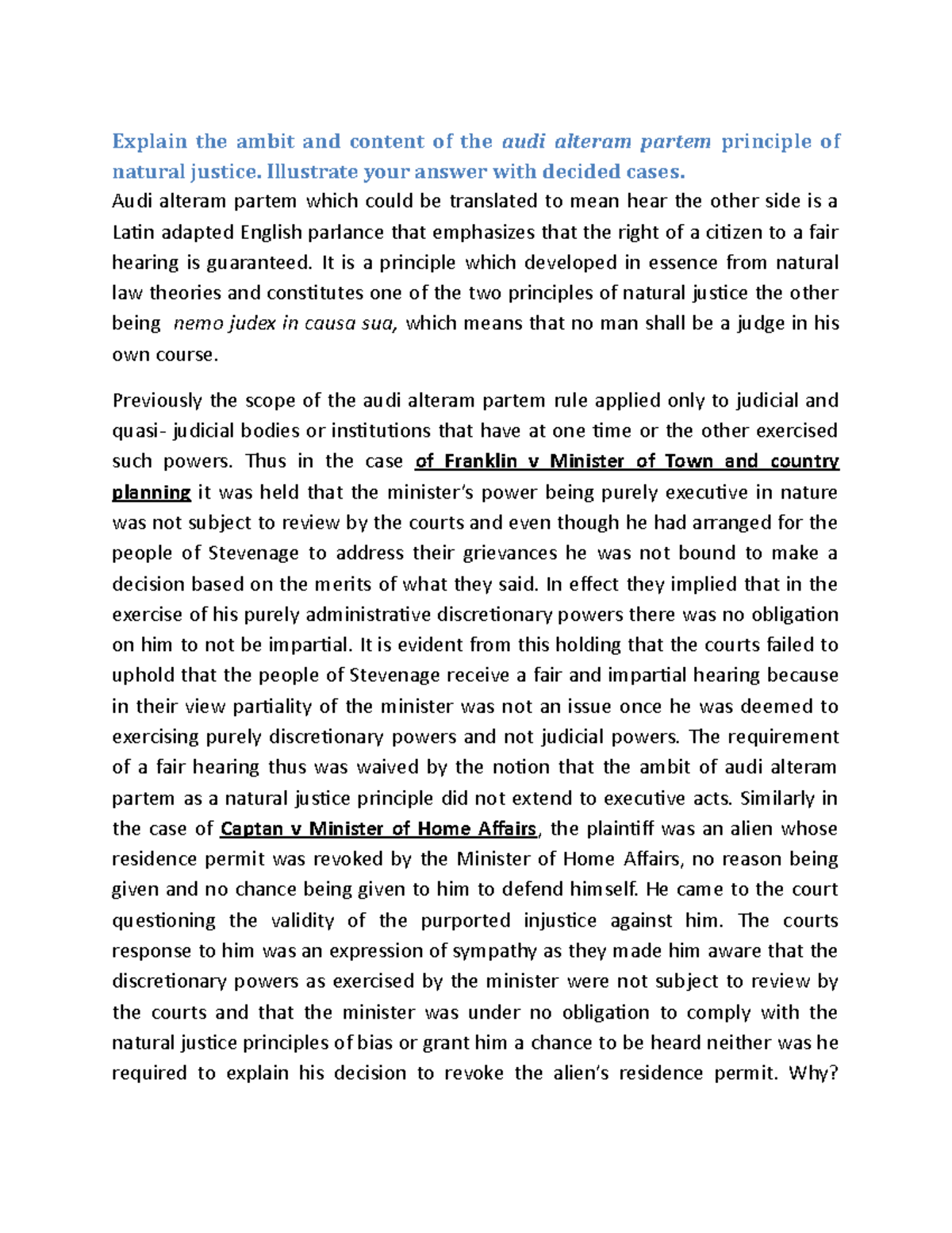 Audi alteram partem qsn - Explain the ambit and content of the audi ...