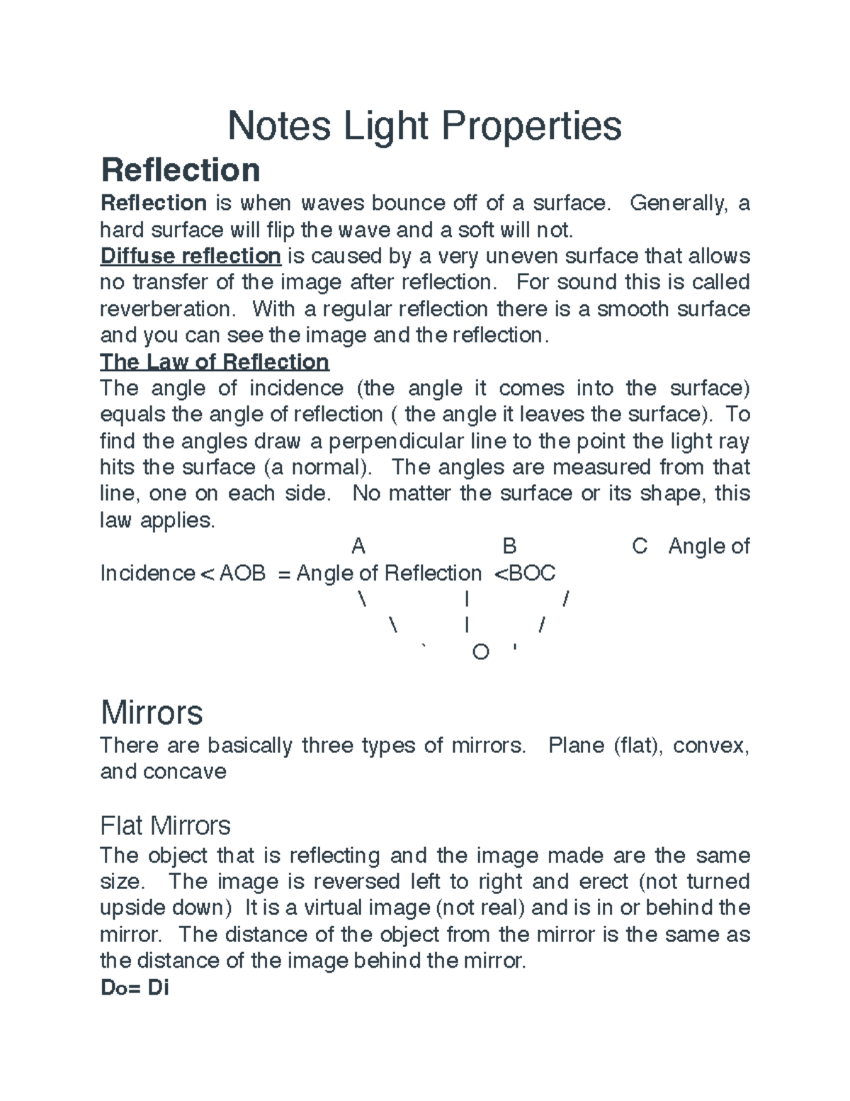 Notes Light Properties - Notes Light Properties Reflection Reflection ...